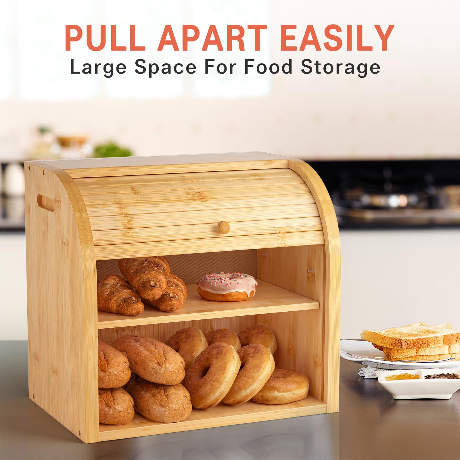 Bamboo Bread Box with Clear Front Window - Large Capacity Wooden Bread Storage Holder for Kitchen Counter - Double Layer Bread Storage Bin Holds 2 Loaves
