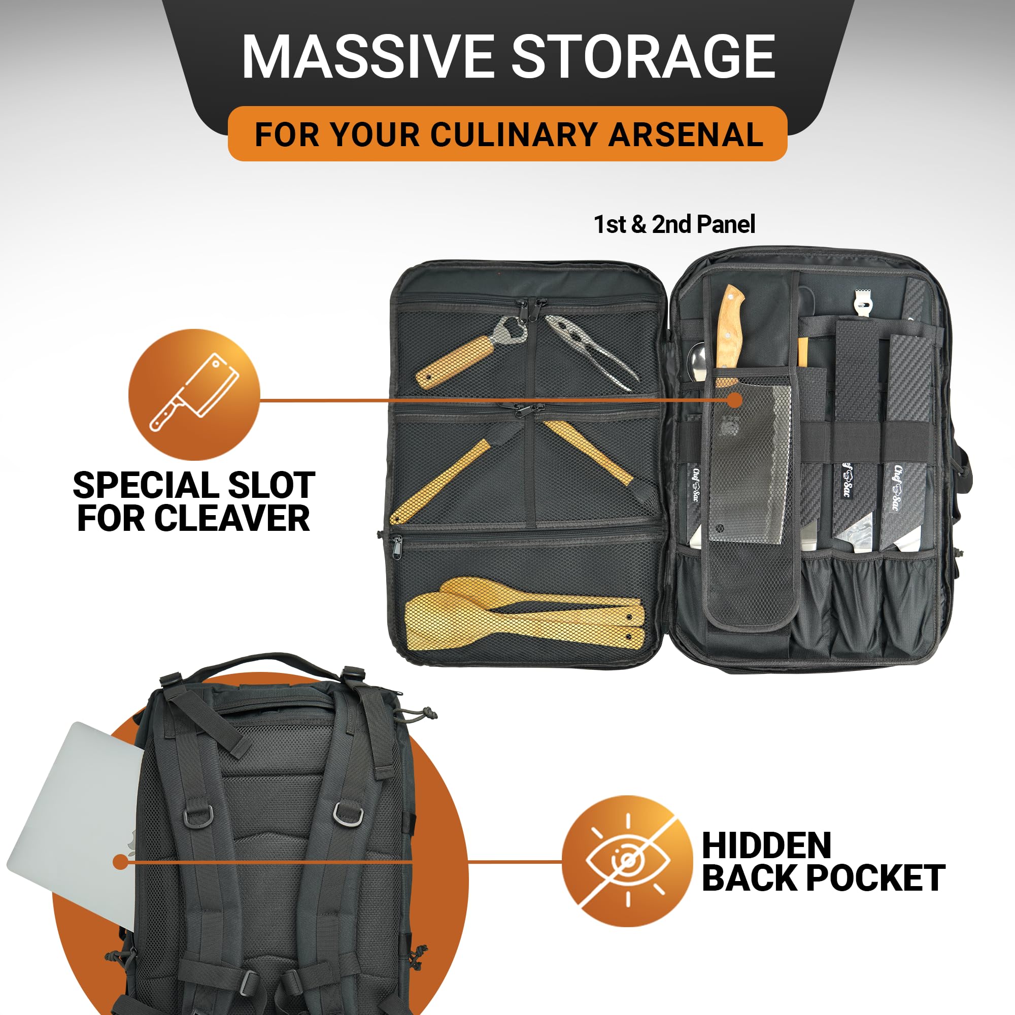 Chef Knife Bag Tactical Backpack | Knife Carrying Case with 30+ Pockets for Knives and Culinary Tools | Knife Organizer Bag for Chefs & Culinary Students | Knives & Tools Not Included (XL Size)