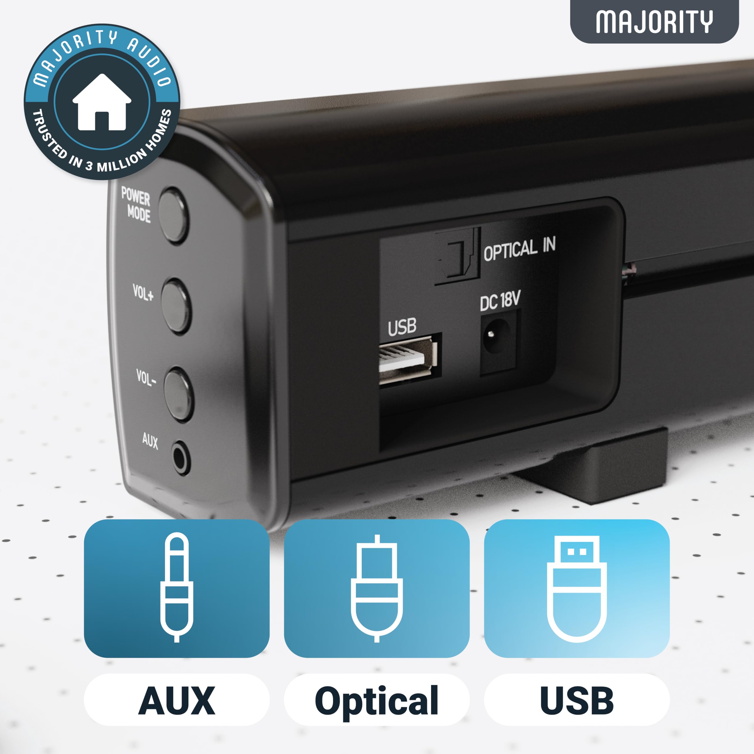 Majority Bowfell Small Sound Bar for TV with Bluetooth, RCA, USB, Opt, AUX Connection, Mini Sound/Audio System for TV Speakers/Home Theater, Gaming, Projectors, 50 watt, 15 inch