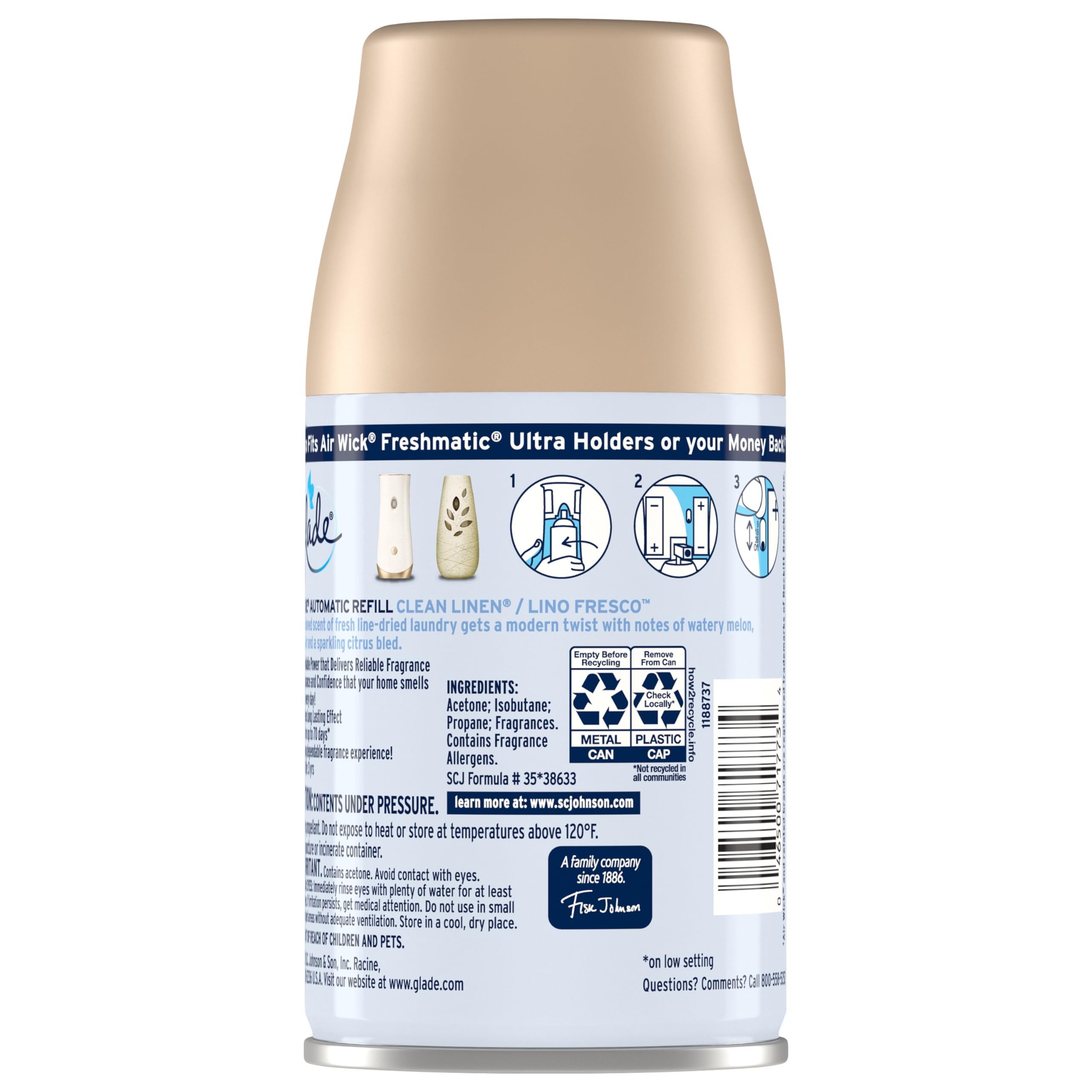 Glade Automatic Spray Refill and Holder Kit, Air Freshener for Home and Bathroom, Clean Linen, 6.2 Oz, 2 Count