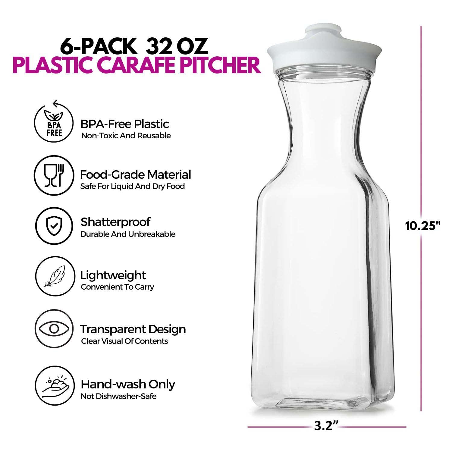 DilaBee Plastic Water Pitcher With Lid - 6 Pack - 32 Oz Carafe Pitchers for Drinks, Milk, Smoothie, Iced Tea Pitcher, Mimosa Bar Supplies - Juice Containers with Lids for Fridge - Food Grade BPA-Free