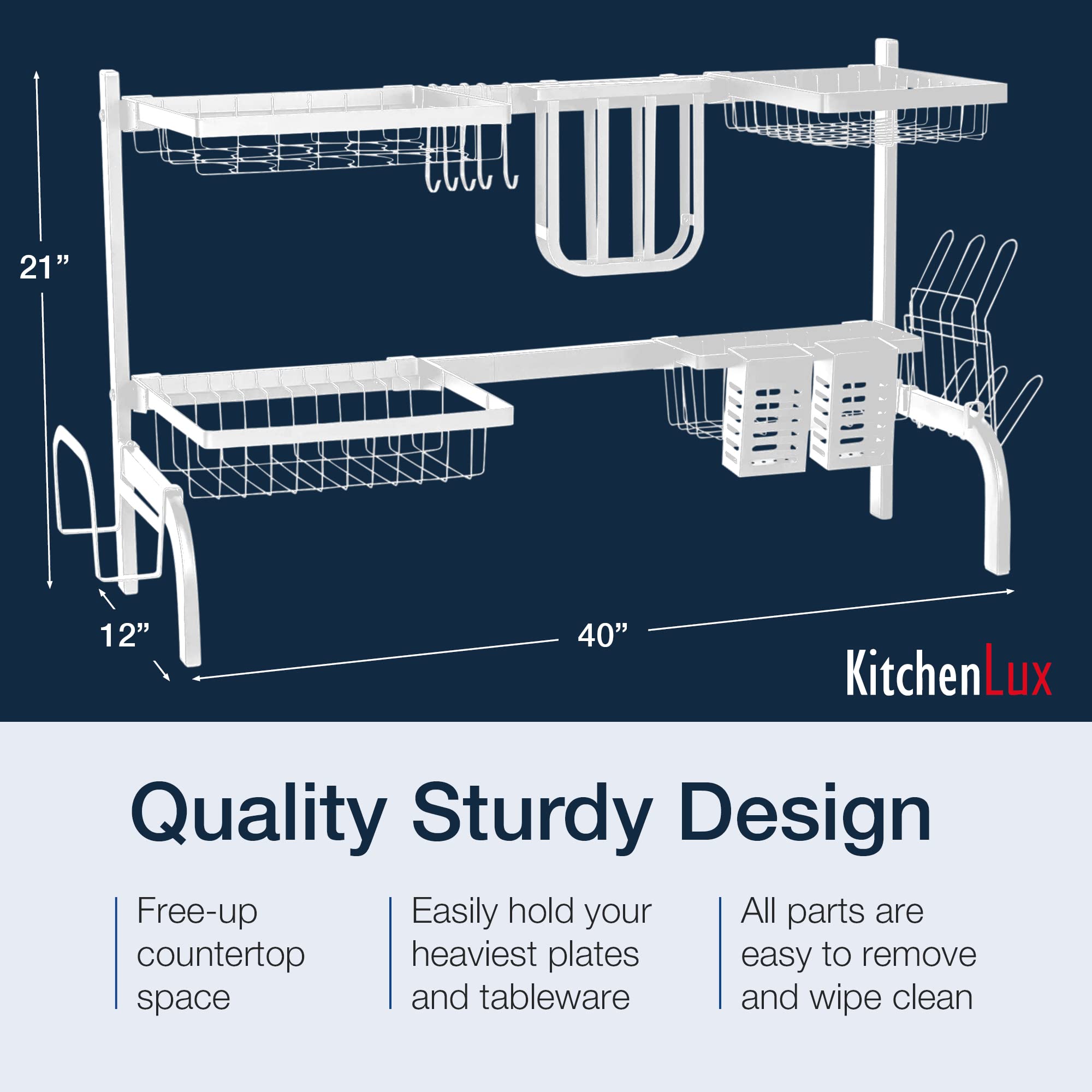 Kitchen Lux Over The Sink Dish Drying Rack - Kitchen Counter Dishes Drainer and Hanging Storage Organizer for Single, Wide, Double Sinks - Space Saving Design, Utensil Holder, Hooks Plate & Cup Rack