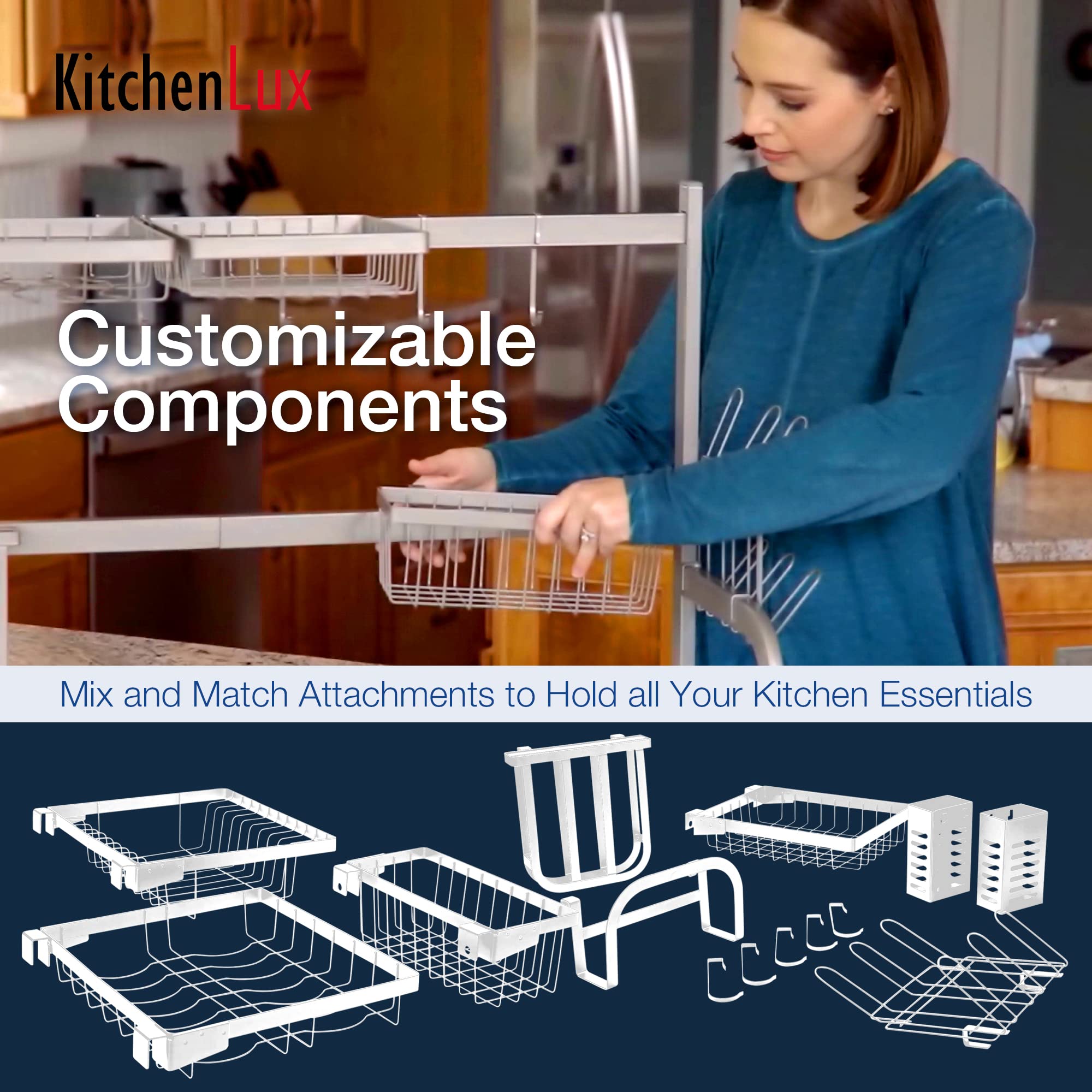 Kitchen Lux Over The Sink Dish Drying Rack - Kitchen Counter Dishes Drainer and Hanging Storage Organizer for Single, Wide, Double Sinks - Space Saving Design, Utensil Holder, Hooks Plate & Cup Rack