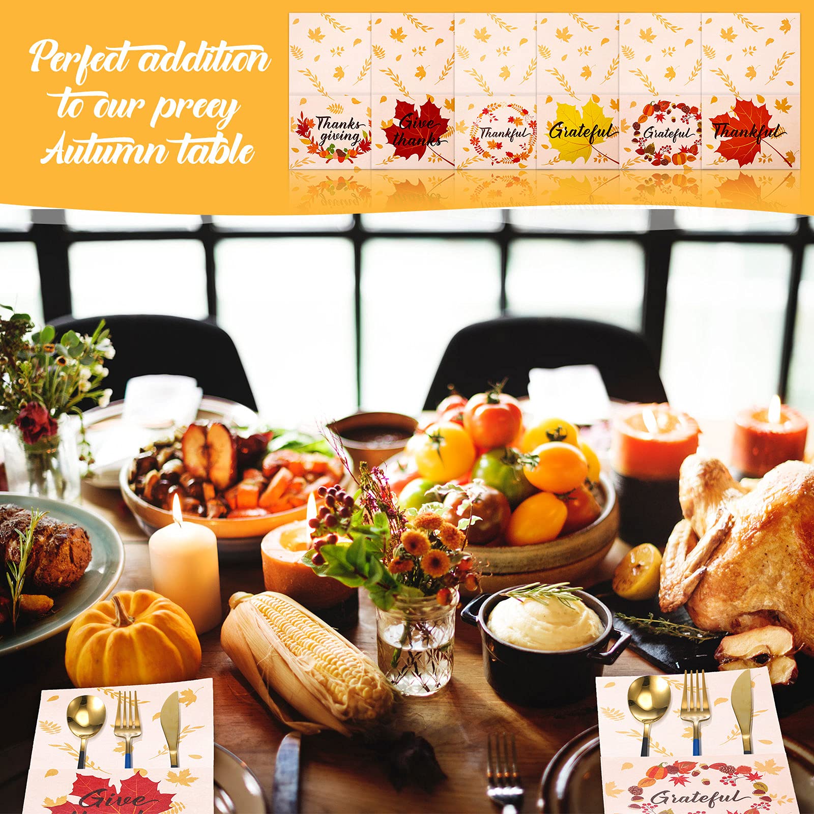36 Pieces Thanksgiving Utensil Holders Maple Leaf Silverware Cutlery Holders Paper Pocket Knife Fork Holder Bag Give Thanks Cutlery Holders for Thanksgiving Fall Harvest Party Dinging Table Supplies