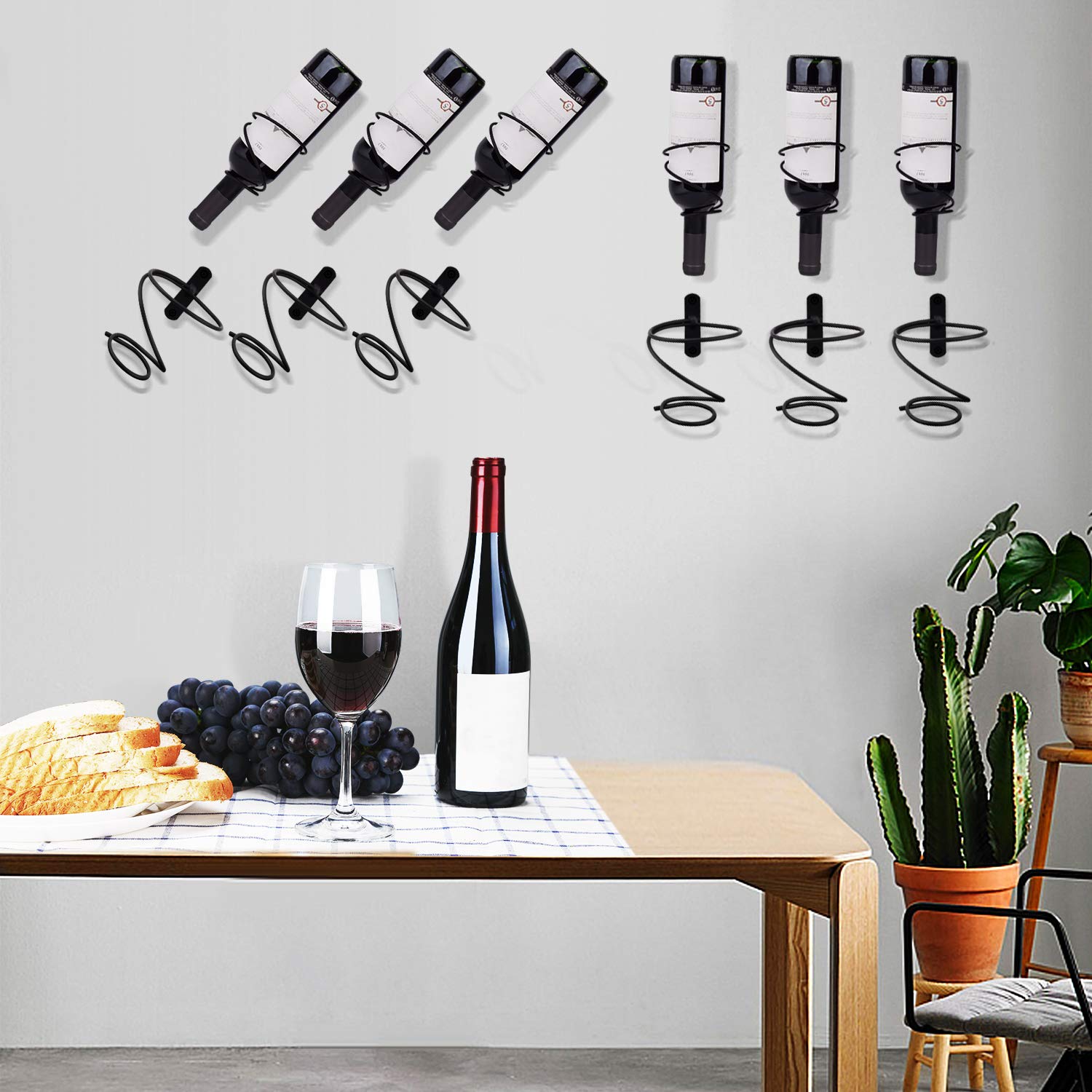 Mocoum 6 Pack Wall Mounted Wine Racks - Red Wine Bottle Display Holder with Screws, Metal Hanging Wine Rack Organizer for Beverages/Liquor Bottles Storage (6 Pack, Downwards-Style 2)