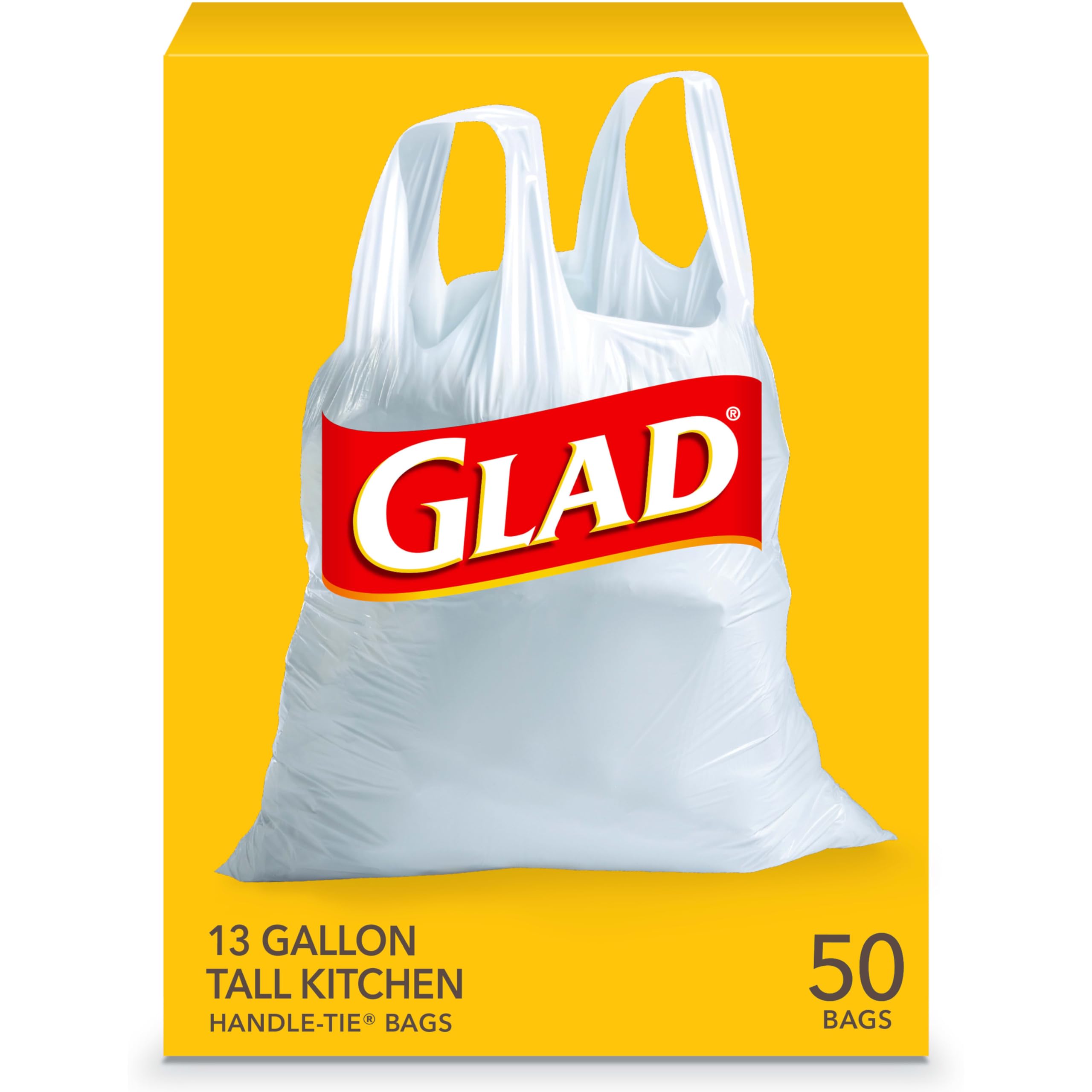 Glad® Tall Kitchen Handle-Tie® Trash Bags - 13 Gallon White Trash Bag - 50 Count (Package May Vary)