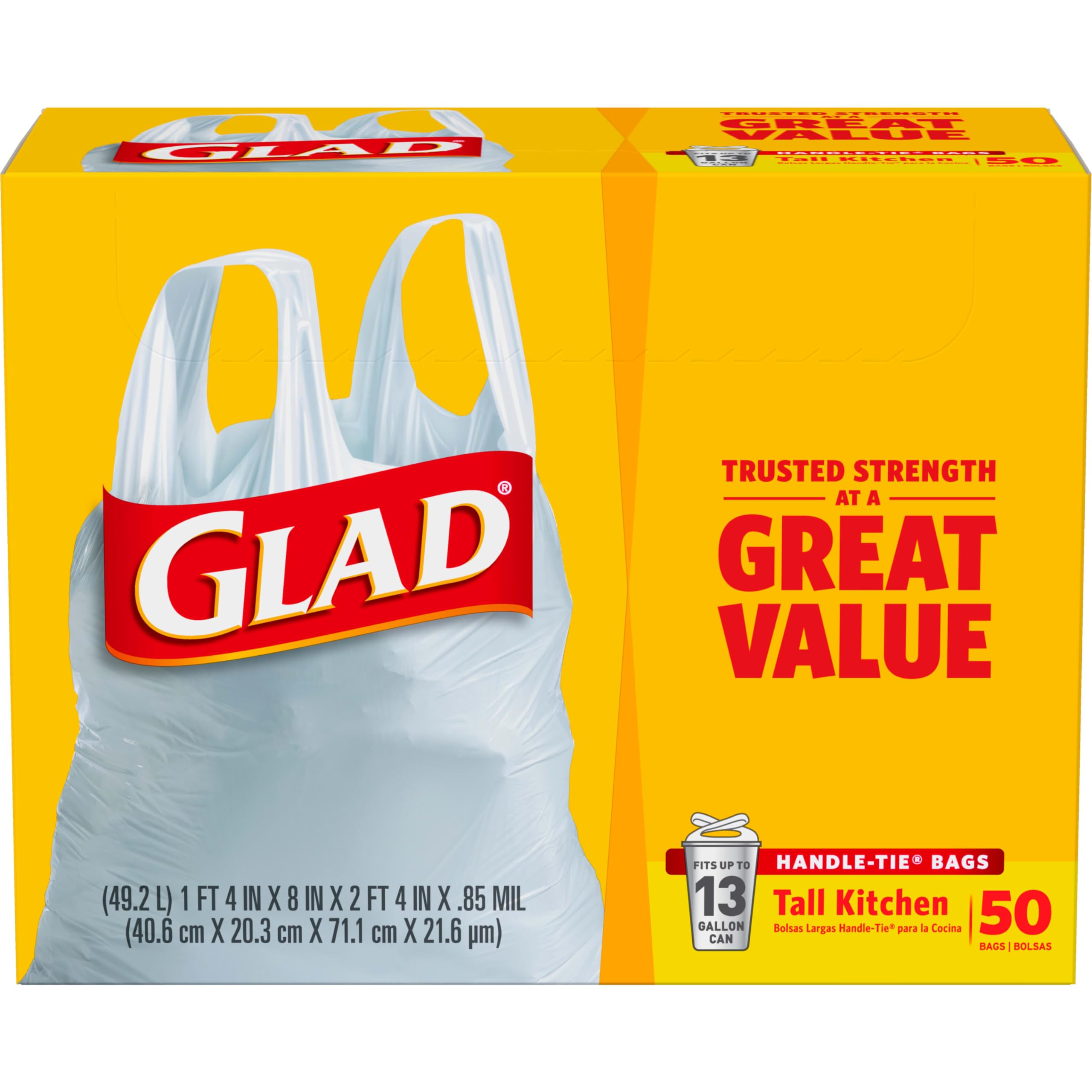 Glad® Tall Kitchen Handle-Tie® Trash Bags - 13 Gallon White Trash Bag - 50 Count (Package May Vary)