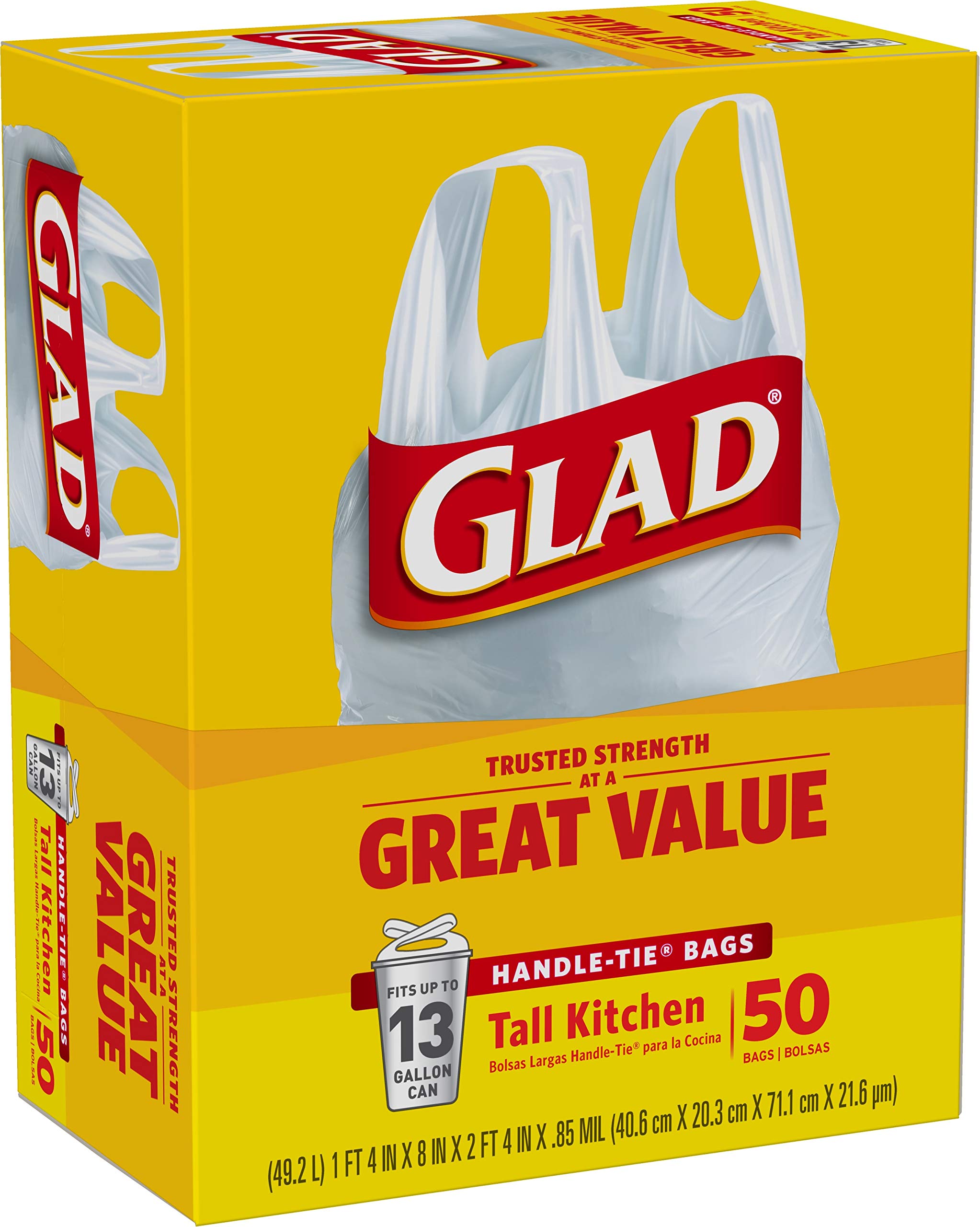 Glad® Tall Kitchen Handle-Tie® Trash Bags - 13 Gallon White Trash Bag - 50 Count (Package May Vary)