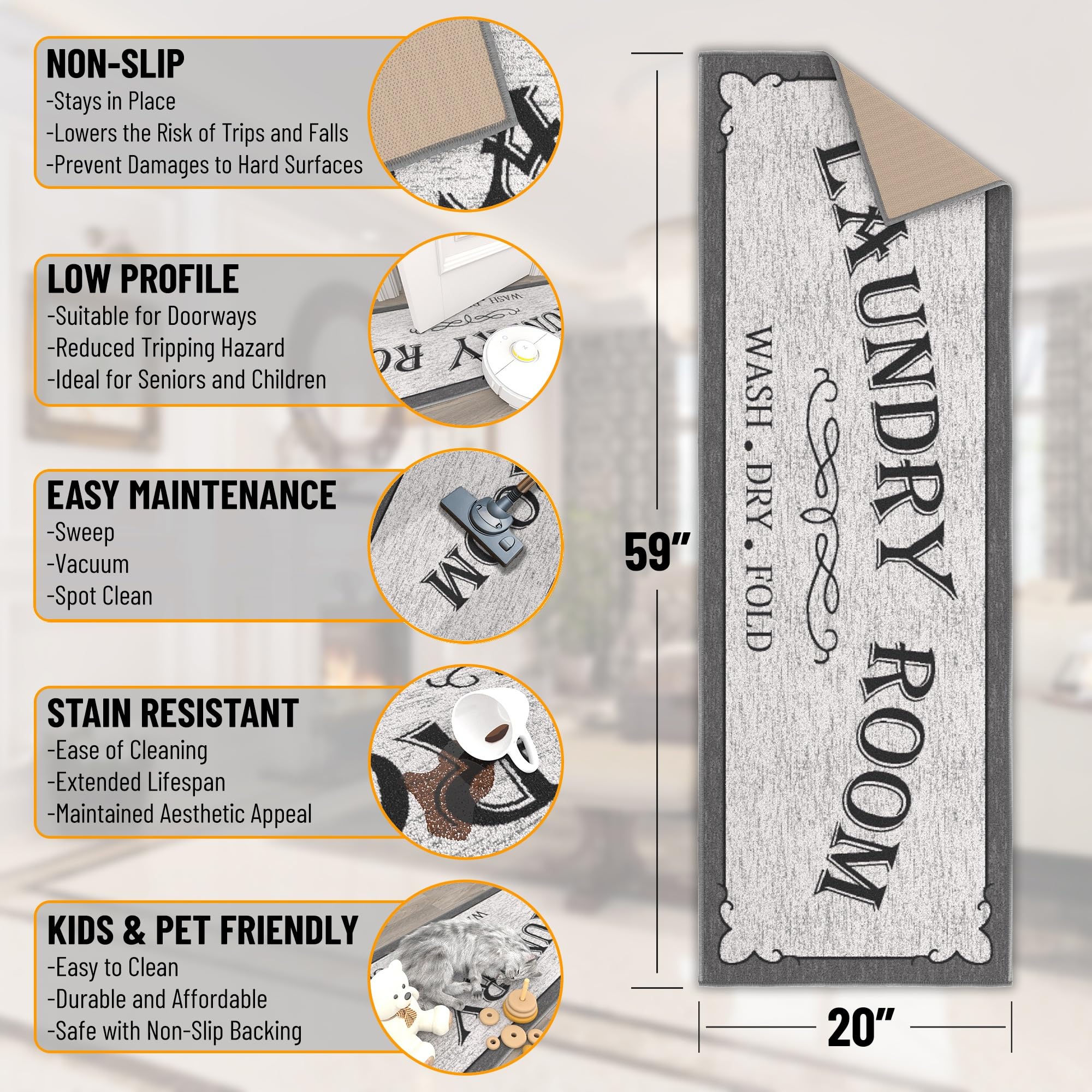 Ottomanson Laundry Collection Non-Slip Rubberback Laundry Text Design 2x5 Laundry Room Runner Rug, 20" x 59", Light Gray