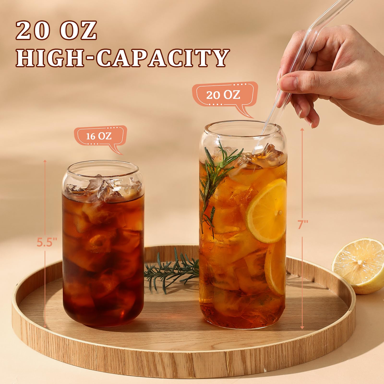 20 OZ Glass Cups with Bamboo Lids and Glass Straw - 4pcs Set Beer Can Shaped Drinking Glasses, Iced Coffee Glasses, Cute Tumbler Cup for Smoothie, Boba Tea, Whiskey, Water - 2 Cleaning Brushes