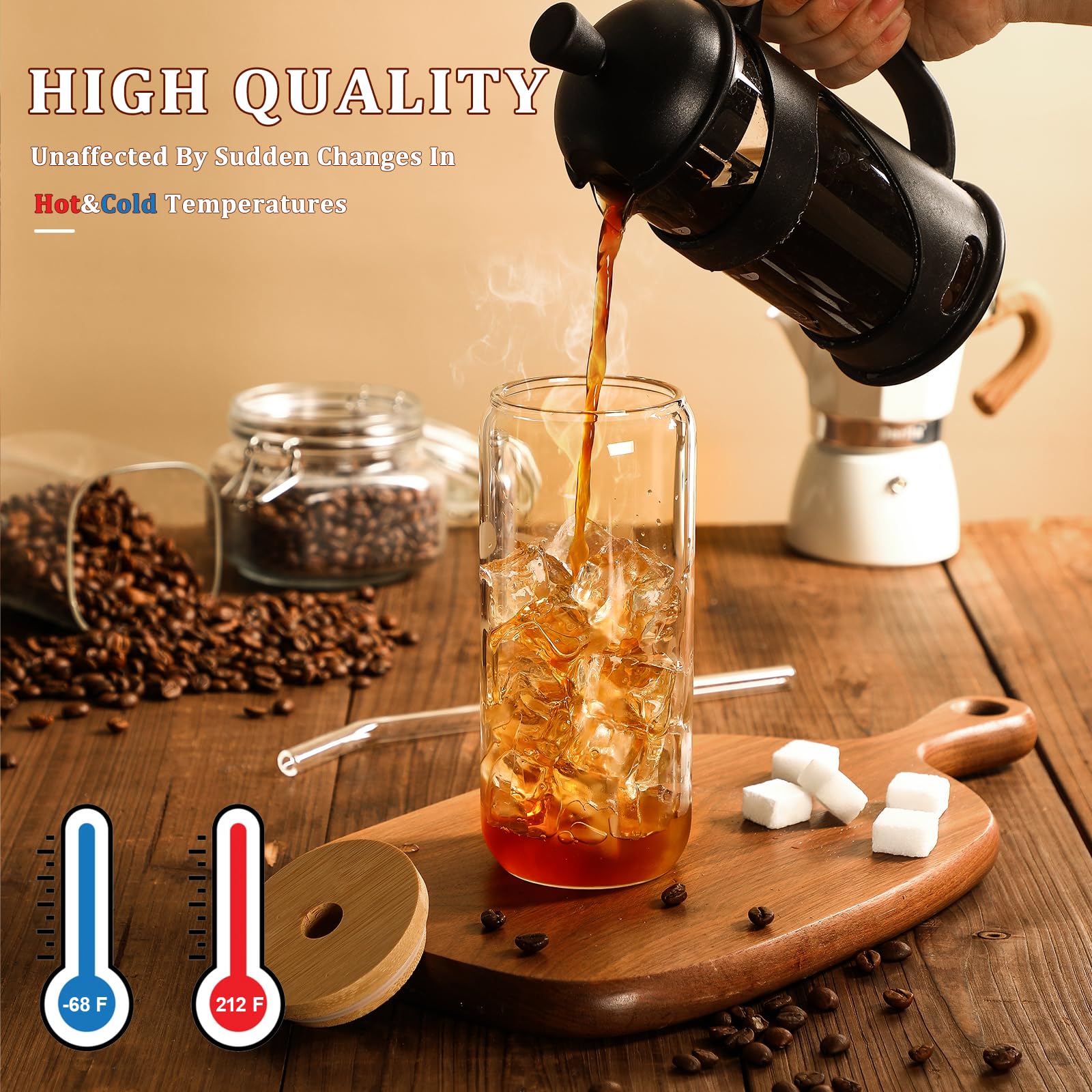 20 OZ Glass Cups with Bamboo Lids and Glass Straw - 4pcs Set Beer Can Shaped Drinking Glasses, Iced Coffee Glasses, Cute Tumbler Cup for Smoothie, Boba Tea, Whiskey, Water - 2 Cleaning Brushes