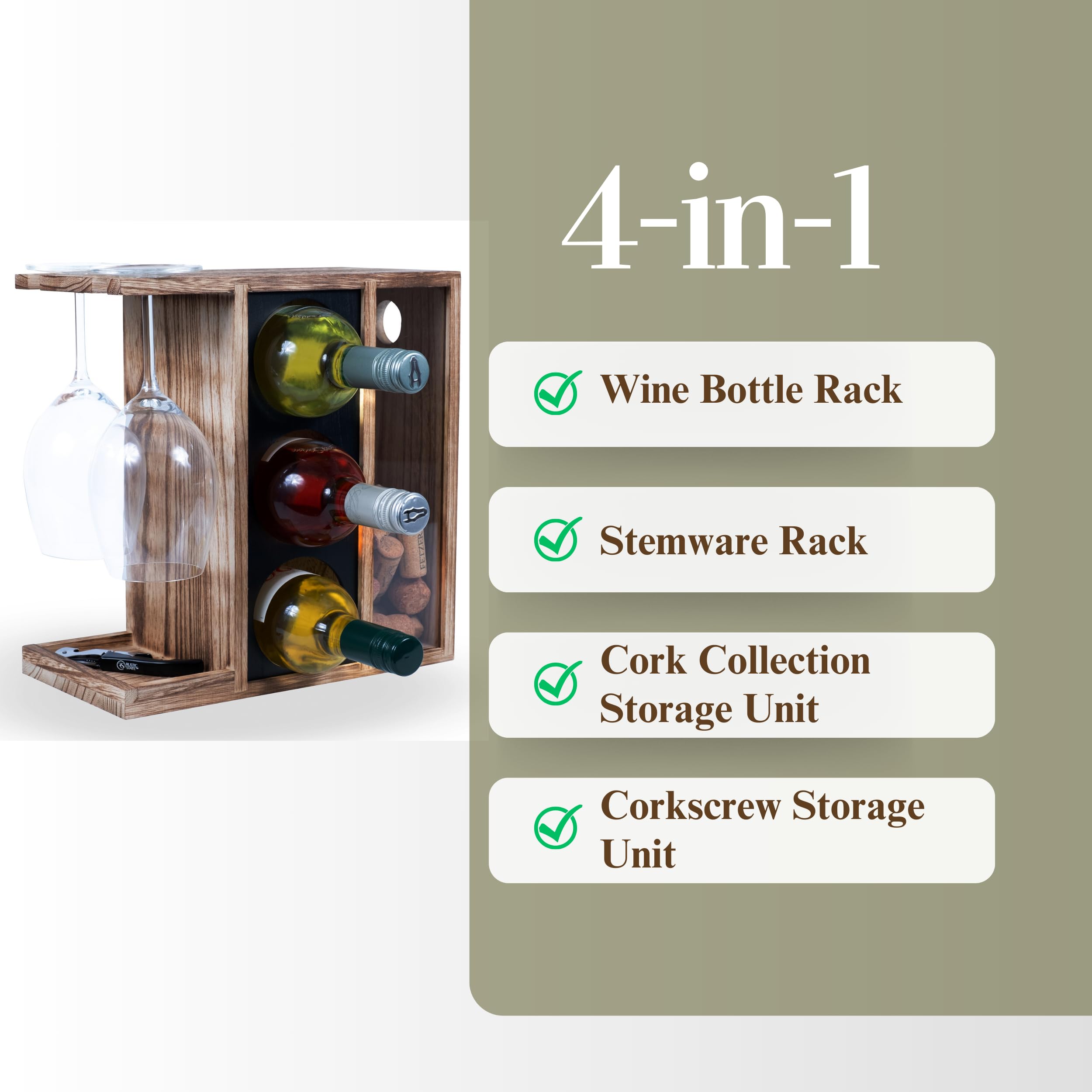 Rustic State Rias Countertop Wood Wine Rack for 3 Bottles and 2 Stemware Glass Holder Cork Storage Tabletop Tray Freestanding Organizer - Home, Kitchen, Dining Room Bar Décor - Burnt Brown