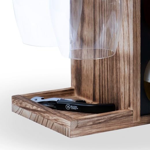 Rustic State Rias Countertop Wood Wine Rack for 3 Bottles and 2 Stemware Glass Holder Cork Storage Tabletop Tray Freestanding Organizer - Home, Kitchen, Dining Room Bar Décor - Burnt Brown