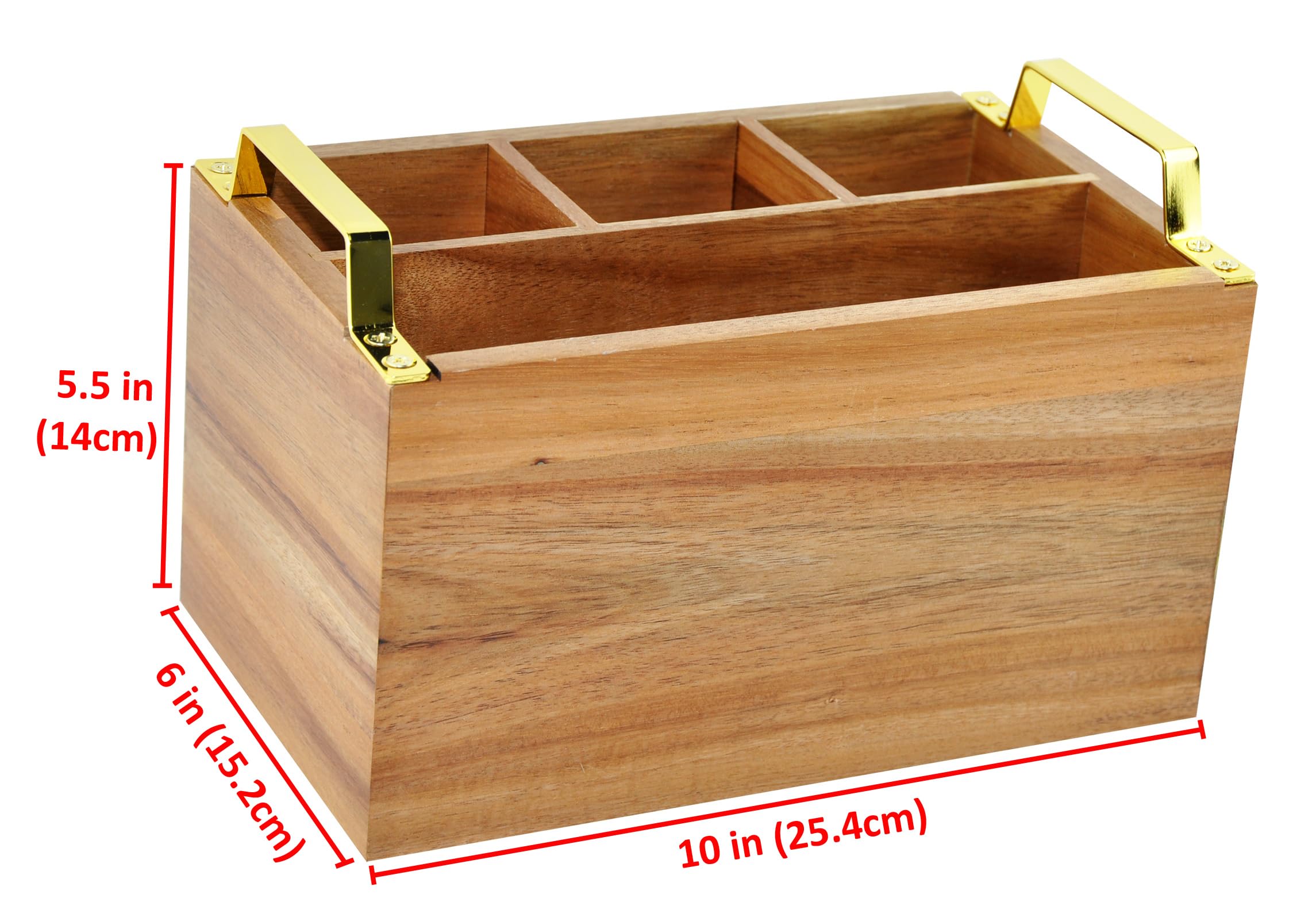 Spiretro Flatware Caddy, Cutlery Utensil Holder, Silverware Condiment Organizer for Kitchen, Dining, Entertaining, Tailgating, Picnics, 4 Compartments,Solid Torched Wood with Golden Metal Handle-Beige