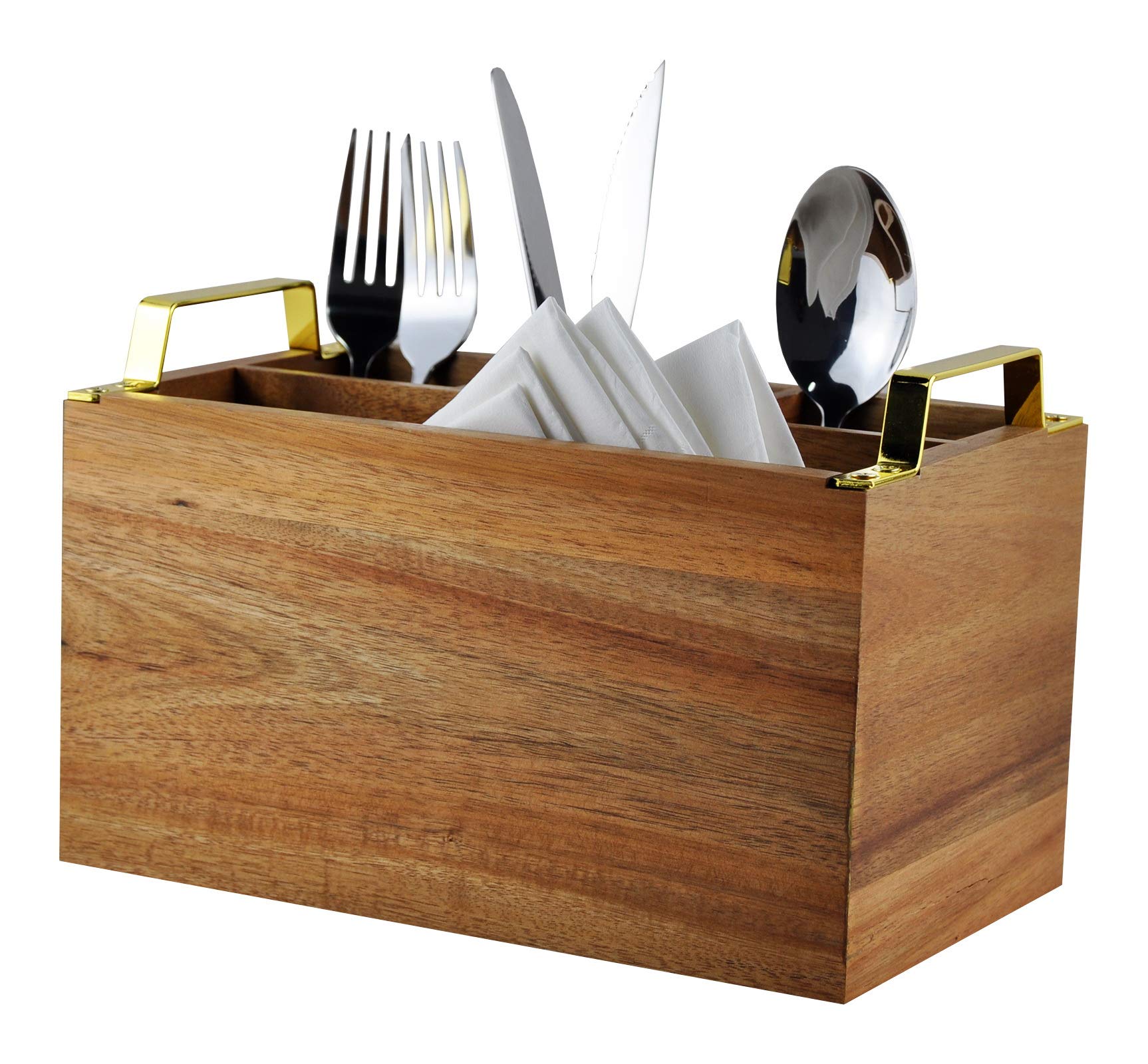 Spiretro Flatware Caddy, Cutlery Utensil Holder, Silverware Condiment Organizer for Kitchen, Dining, Entertaining, Tailgating, Picnics, 4 Compartments,Solid Torched Wood with Golden Metal Handle-Beige
