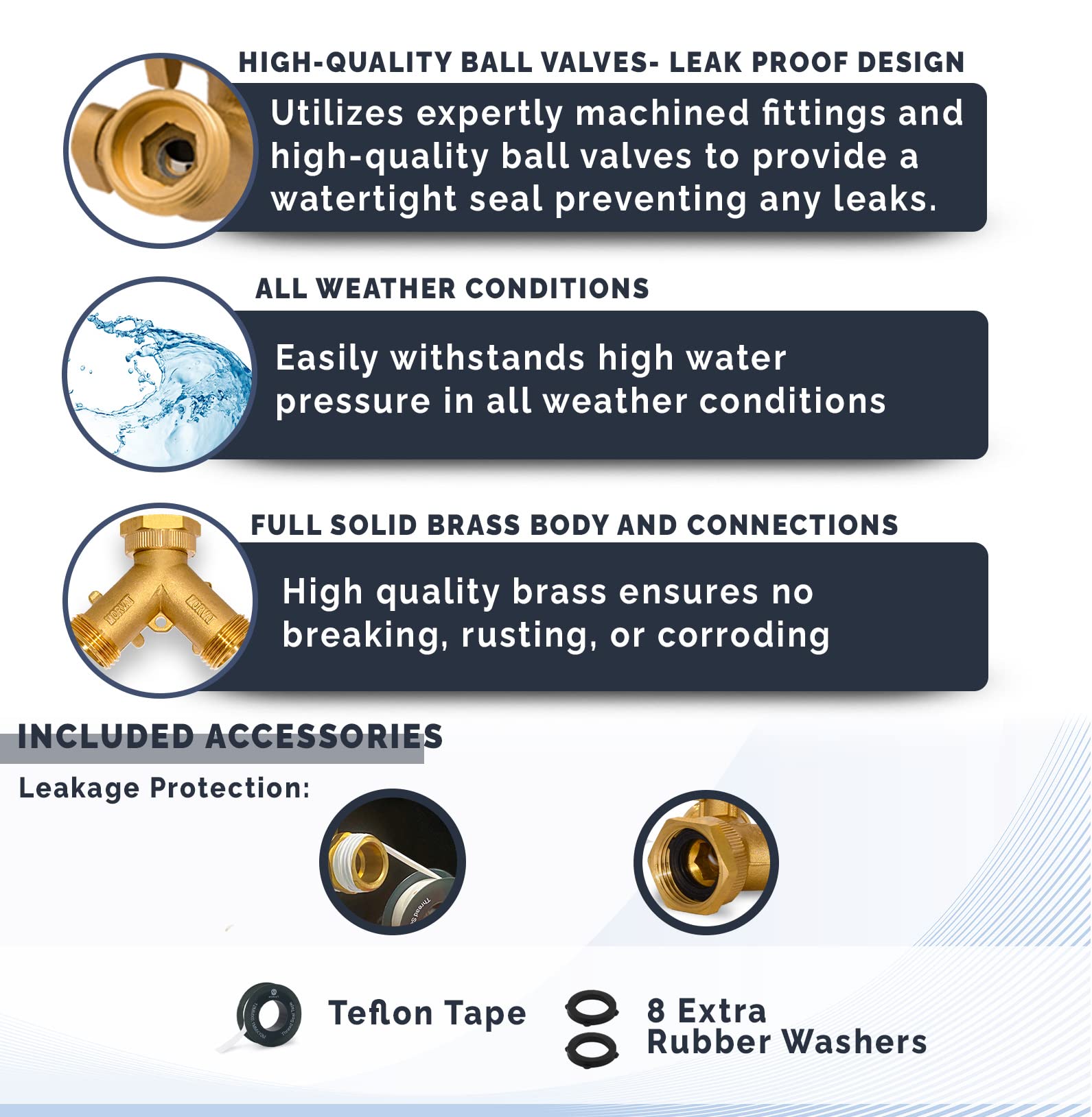 Morvat Heavy Duty Brass 2 way Y Splitter Garden Hose Hexagonal Connector with Comfortable Grip Shut Off Valves, Adapter for Water Tap, Outlet, & Spigot, Includes 2 Extra Rubber Washers & Teflon Tape
