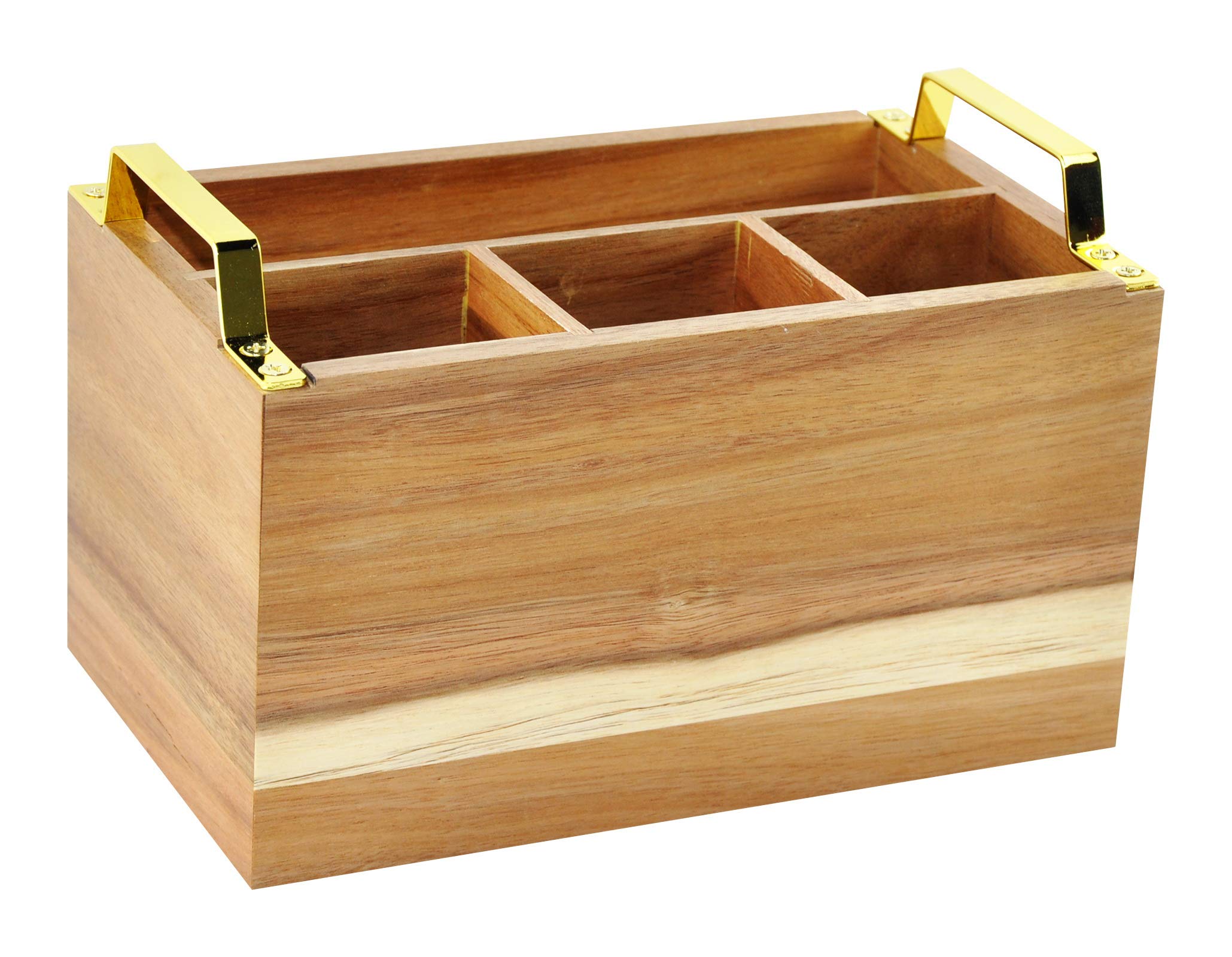 Spiretro Flatware Caddy, Cutlery Utensil Holder, Silverware Condiment Organizer for Kitchen, Dining, Entertaining, Tailgating, Picnics, 4 Compartments,Solid Torched Wood with Golden Metal Handle-Beige