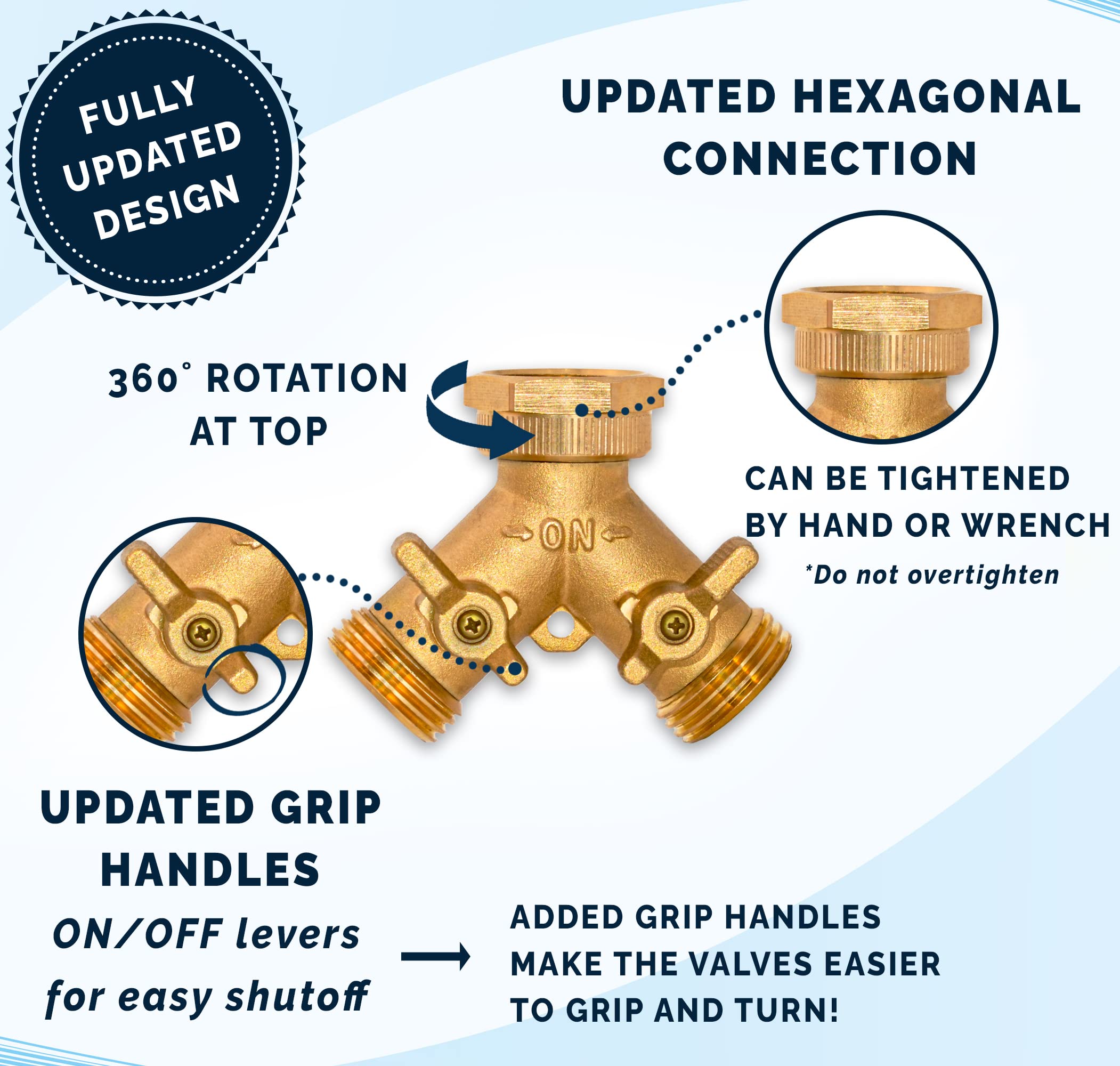Morvat Heavy Duty Brass 2 way Y Splitter Garden Hose Hexagonal Connector with Comfortable Grip Shut Off Valves, Adapter for Water Tap, Outlet, & Spigot, Includes 2 Extra Rubber Washers & Teflon Tape