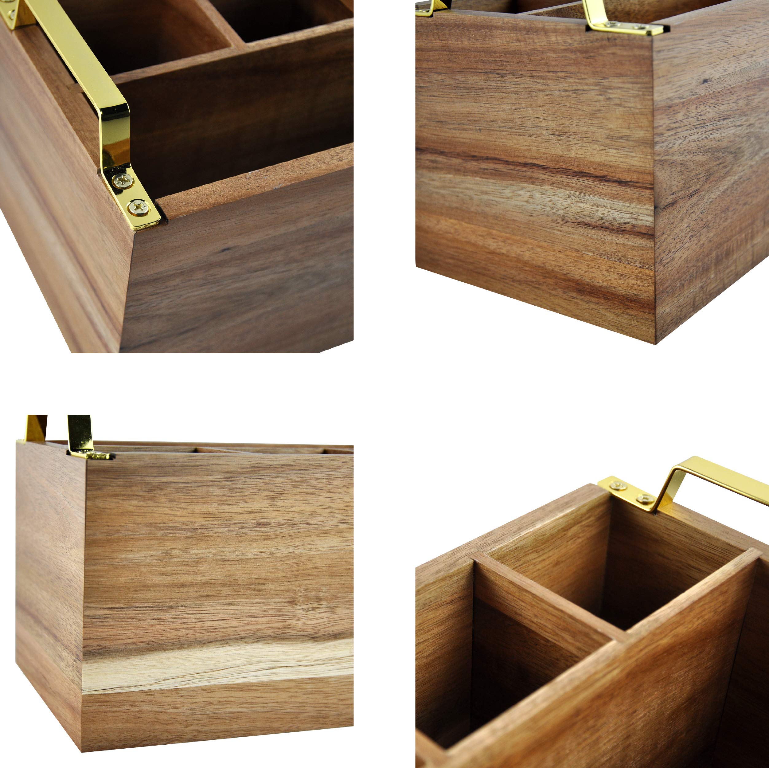 Spiretro Flatware Caddy, Cutlery Utensil Holder, Silverware Condiment Organizer for Kitchen, Dining, Entertaining, Tailgating, Picnics, 4 Compartments,Solid Torched Wood with Golden Metal Handle-Beige