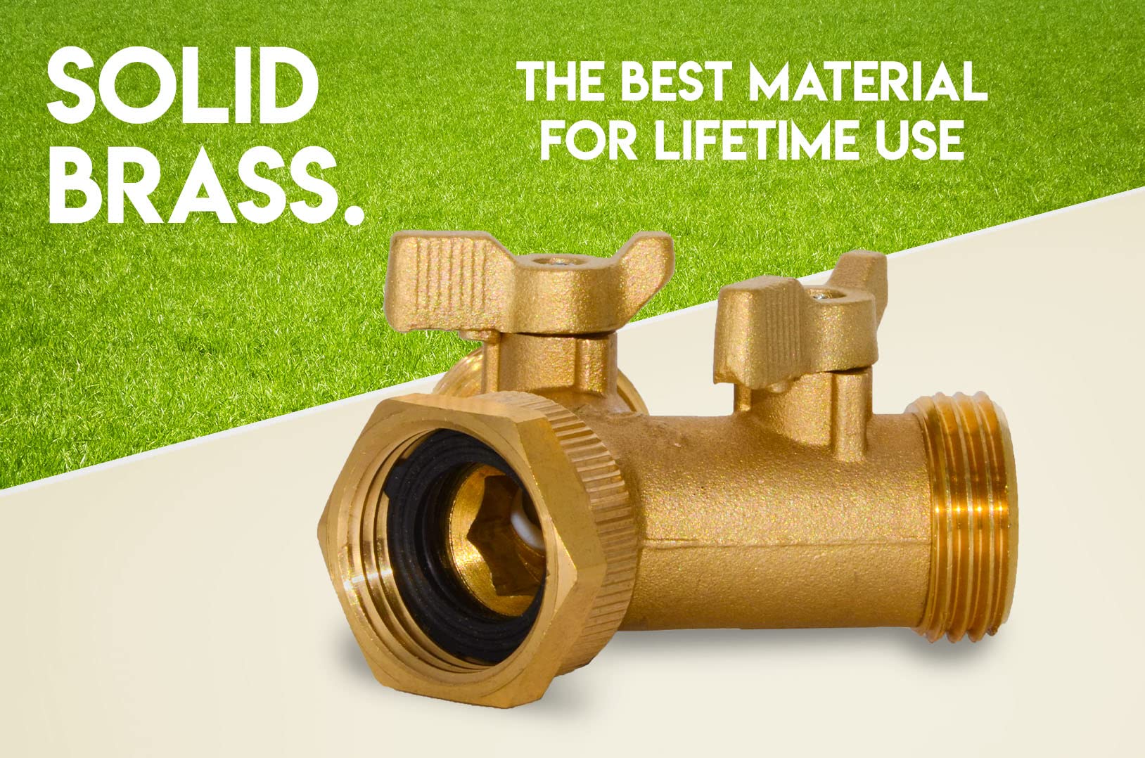Morvat Heavy Duty Brass 2 way Y Splitter Garden Hose Hexagonal Connector with Comfortable Grip Shut Off Valves, Adapter for Water Tap, Outlet, & Spigot, Includes 2 Extra Rubber Washers & Teflon Tape