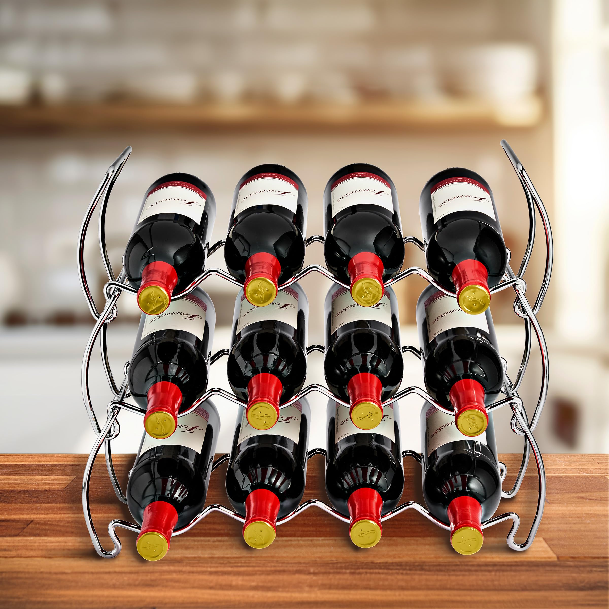 SorbusĀ® 3-Tier Stackable Wine Rack - Classic Style Wine Racks for Bottles - Perfect for Bar, Wine Cellar, Basement, Cabinet, Pantry, etc - Hold 12 Bottles, Metal (Silver)