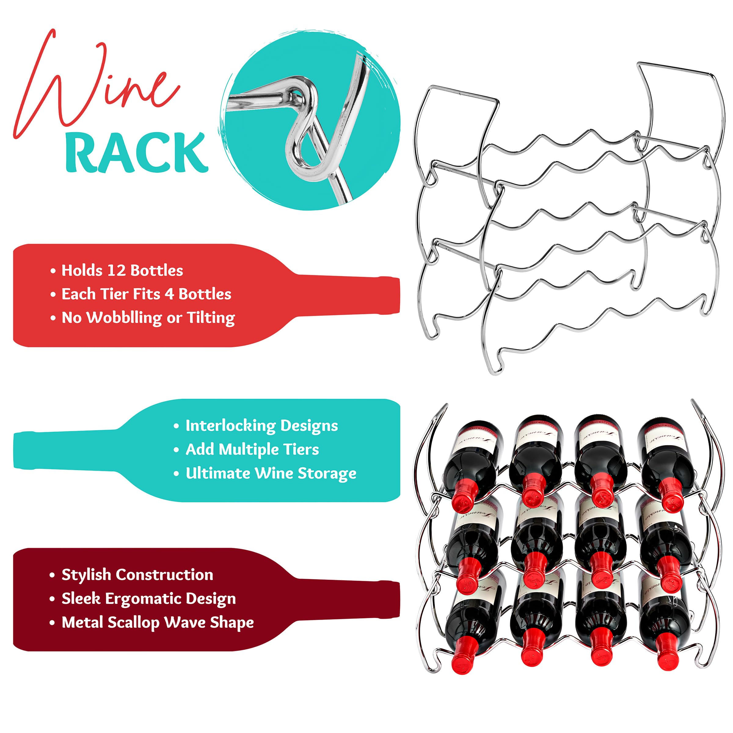 SorbusĀ® 3-Tier Stackable Wine Rack - Classic Style Wine Racks for Bottles - Perfect for Bar, Wine Cellar, Basement, Cabinet, Pantry, etc - Hold 12 Bottles, Metal (Silver)