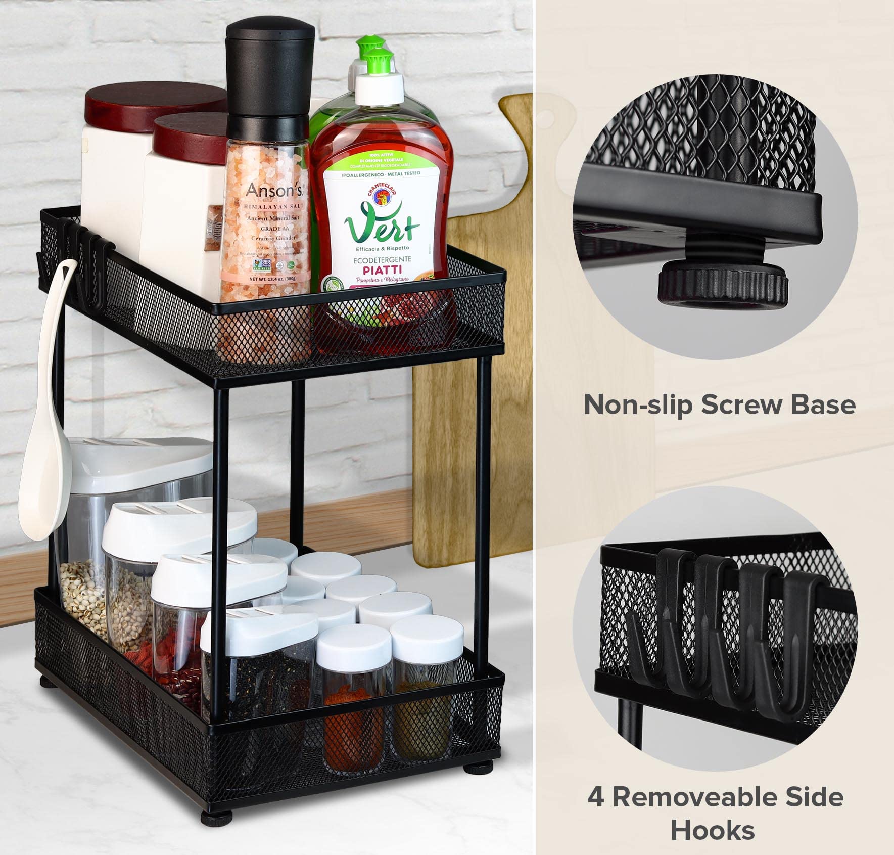 SZJHXIN Under Sink Organizer and Storage, Bathroom Cabinet Organizer, 2 Tier Metal Cabinet Basket Organizer Drawer with 4 Hooks (Black)