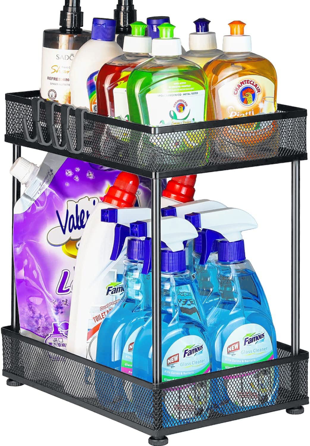 SZJHXIN Under Sink Organizer and Storage, Bathroom Cabinet Organizer, 2 Tier Metal Cabinet Basket Organizer Drawer with 4 Hooks (Black)