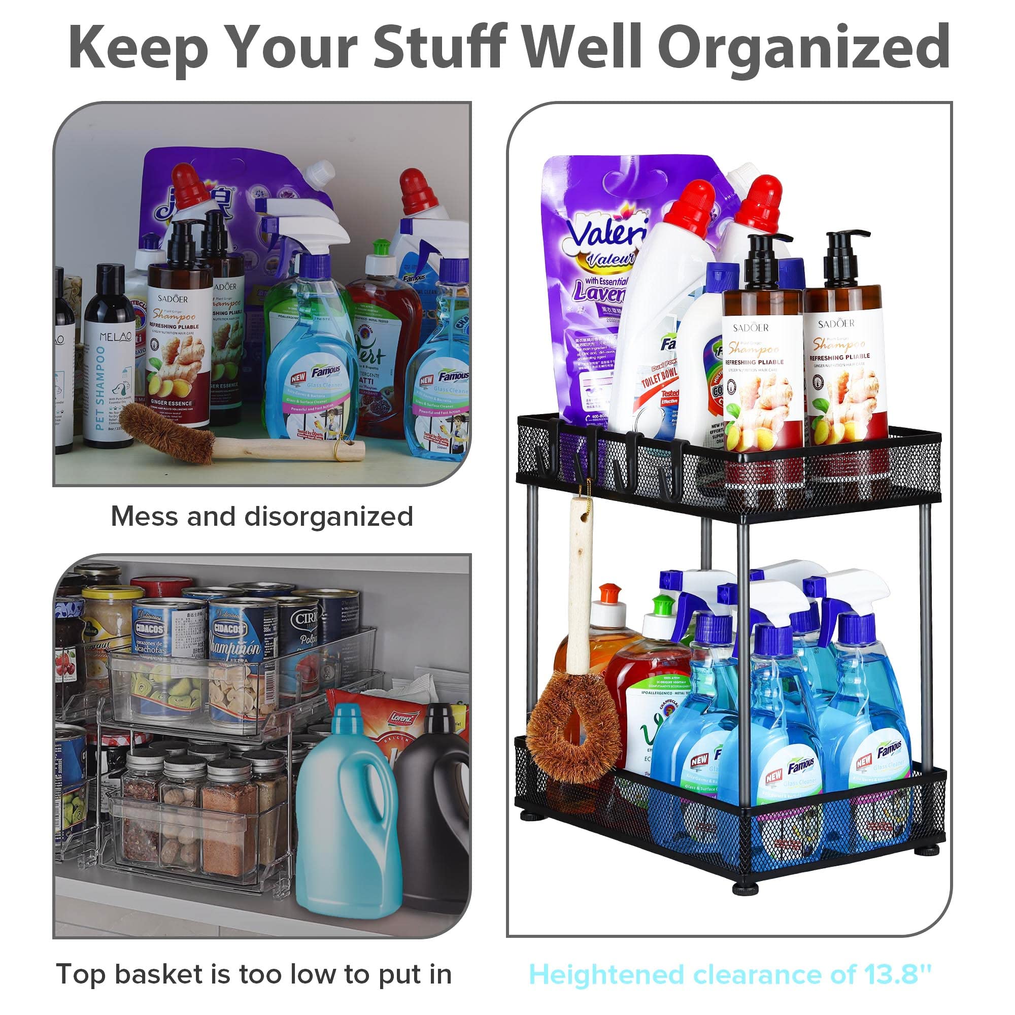 SZJHXIN Under Sink Organizer and Storage, Bathroom Cabinet Organizer, 2 Tier Metal Cabinet Basket Organizer Drawer with 4 Hooks (Black)