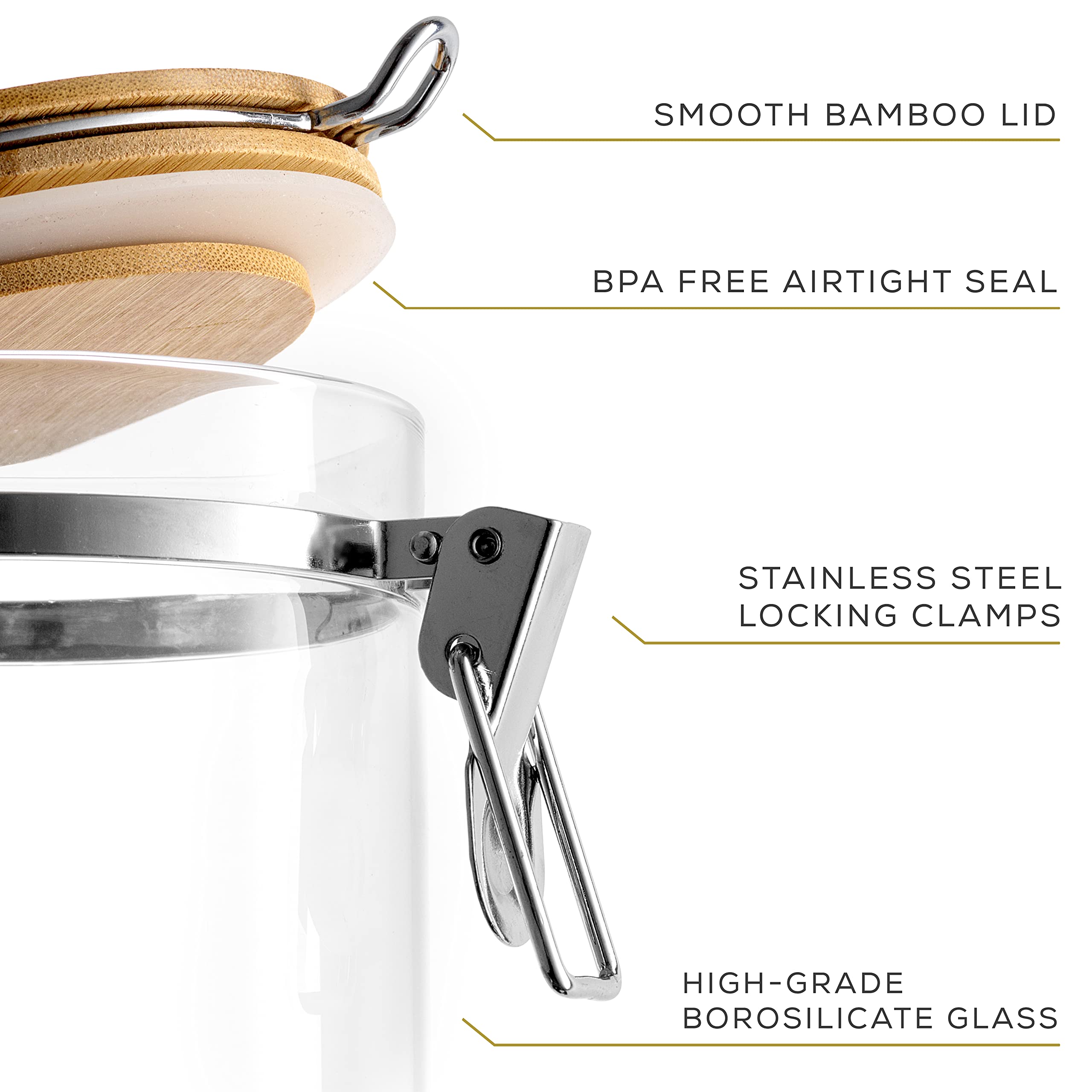 JoyJolt Borosilicate Glass Jars With Bamboo Lids (27oz). 2PC Set of Airtight Storage Jars with Clamp Lids for Pantry Storage. Air Tight Sealable Containers for Kitchen Organization.