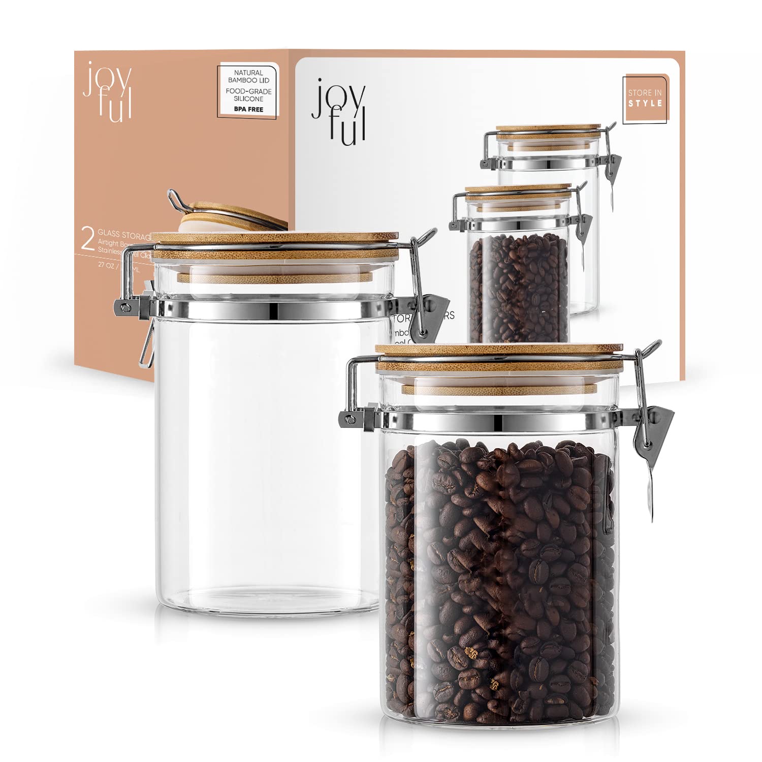 JoyJolt Borosilicate Glass Jars With Bamboo Lids (27oz). 2PC Set of Airtight Storage Jars with Clamp Lids for Pantry Storage. Air Tight Sealable Containers for Kitchen Organization.