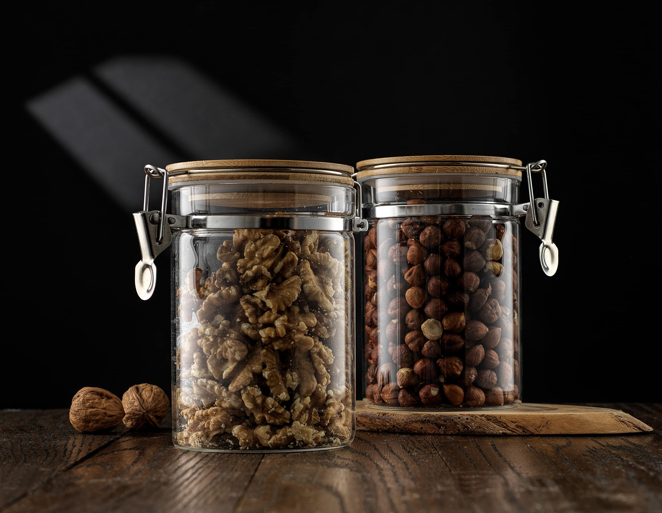 JoyJolt Borosilicate Glass Jars With Bamboo Lids (27oz). 2PC Set of Airtight Storage Jars with Clamp Lids for Pantry Storage. Air Tight Sealable Containers for Kitchen Organization.