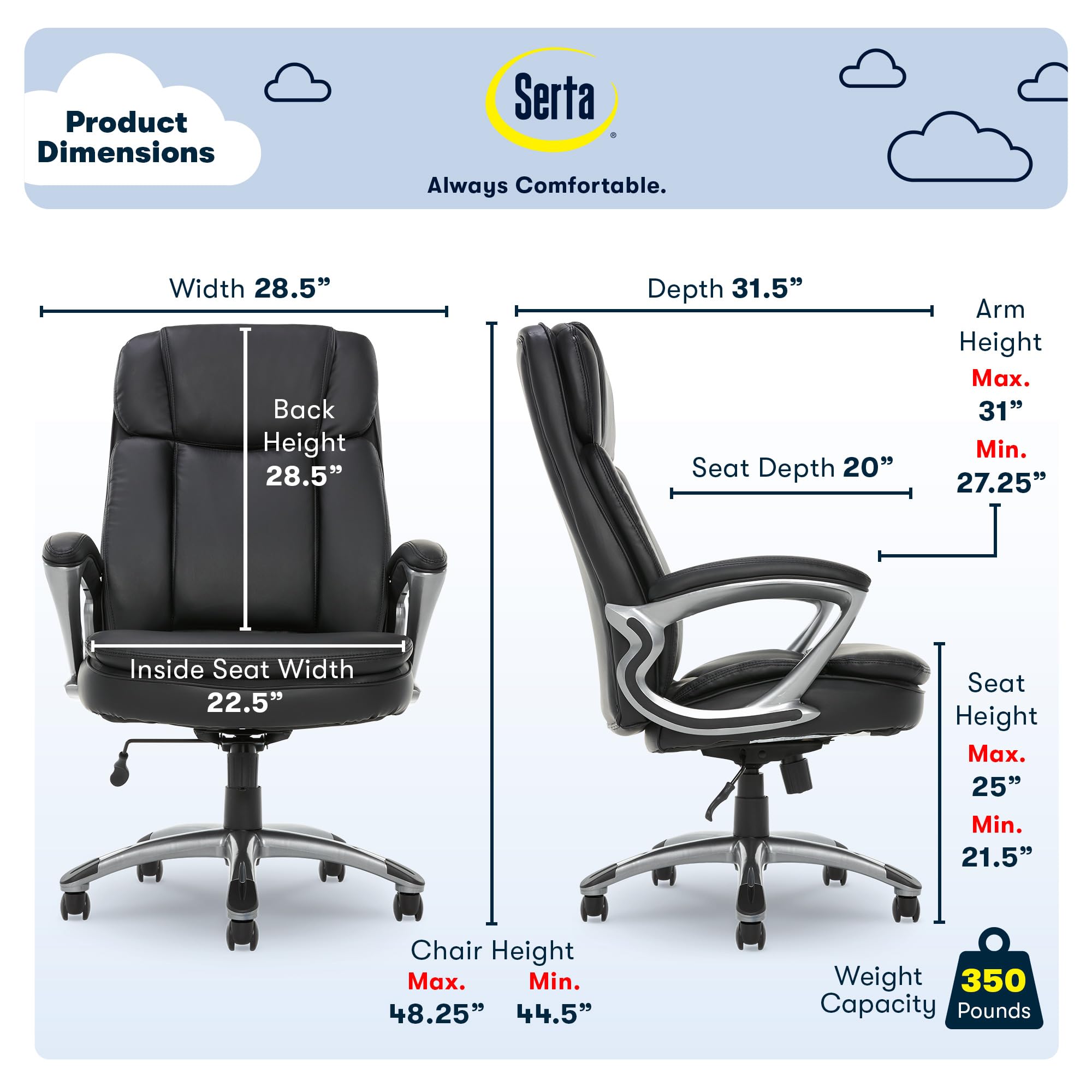 Serta Big & Tall Executive Office Chair High Back All Day Comfort Ergonomic Lumbar Support, Bonded Leather, Black