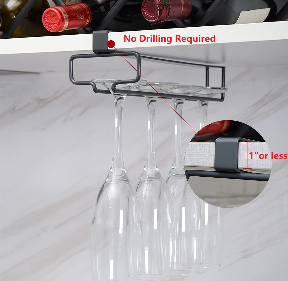 GeLive 10 Inch Under Shelf Wine Glass Holder Stemware Rack Under Cabinet Kitchen Hanger Metal Wine Glass Storage Organizer No Drilling, Fit for The Cabinet 1 Inch or Less (Black)