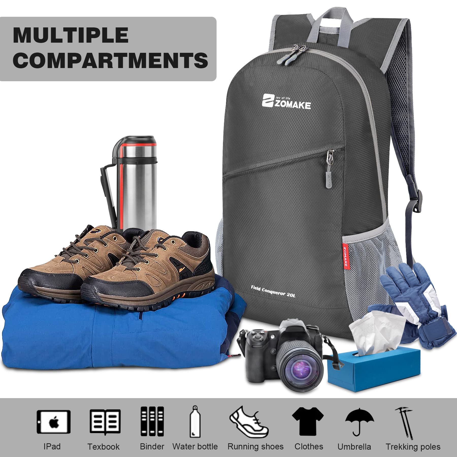 ZOMAKE 20L Packable Backpack:Lightweight Hiking Backpacks - Foldable Water Resistant Back Pack Packable Small Travel Day Pack for Camping Outdoor Hiking (Medium grey)