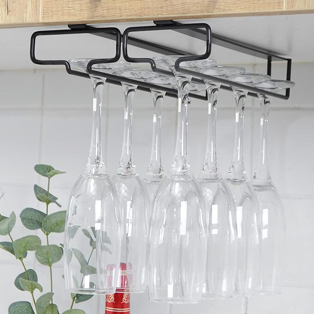 GeLive 10 Inch Under Shelf Wine Glass Holder Stemware Rack Under Cabinet Kitchen Hanger Metal Wine Glass Storage Organizer No Drilling, Fit for The Cabinet 1 Inch or Less (Black)