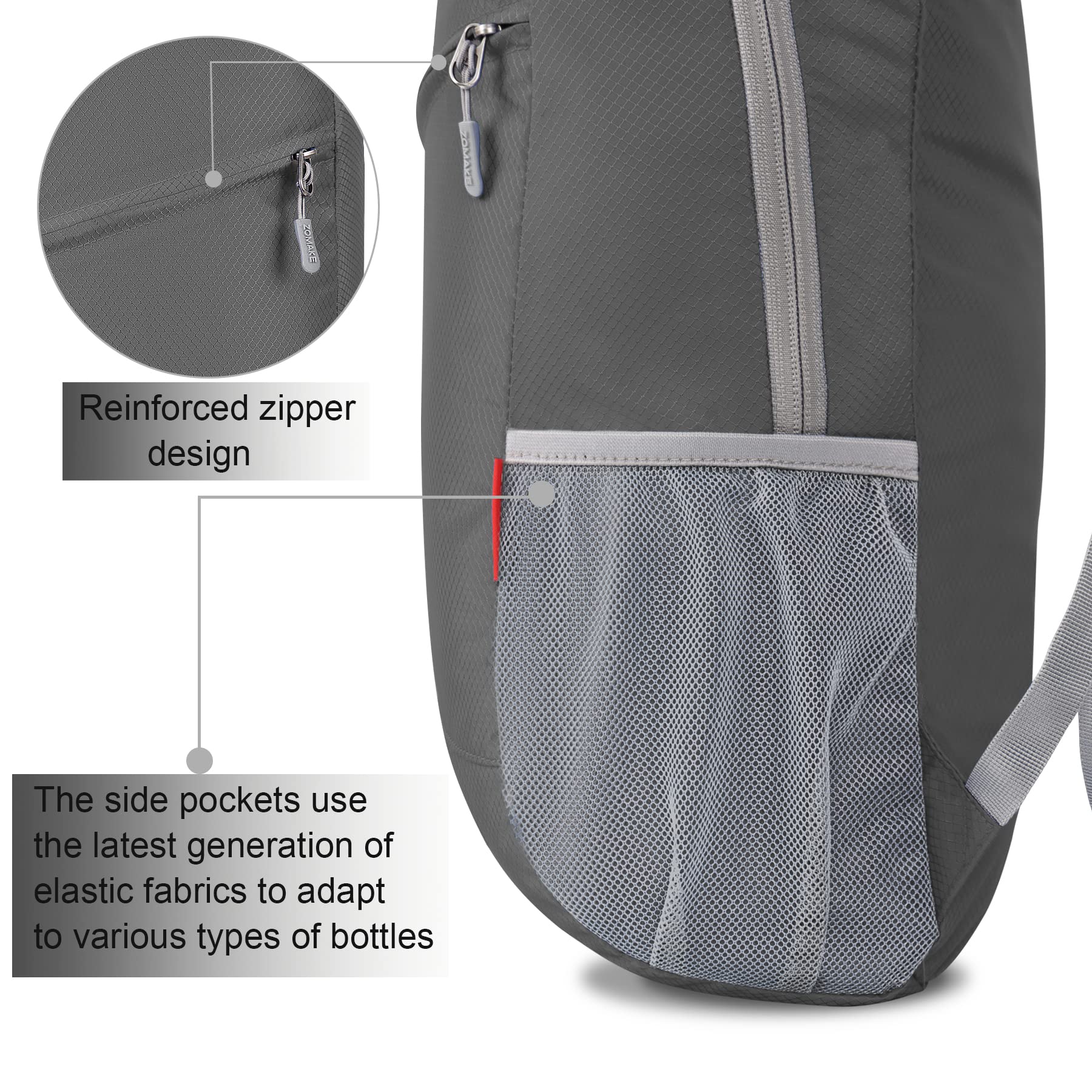 ZOMAKE 20L Packable Backpack:Lightweight Hiking Backpacks - Foldable Water Resistant Back Pack Packable Small Travel Day Pack for Camping Outdoor Hiking (Medium grey)