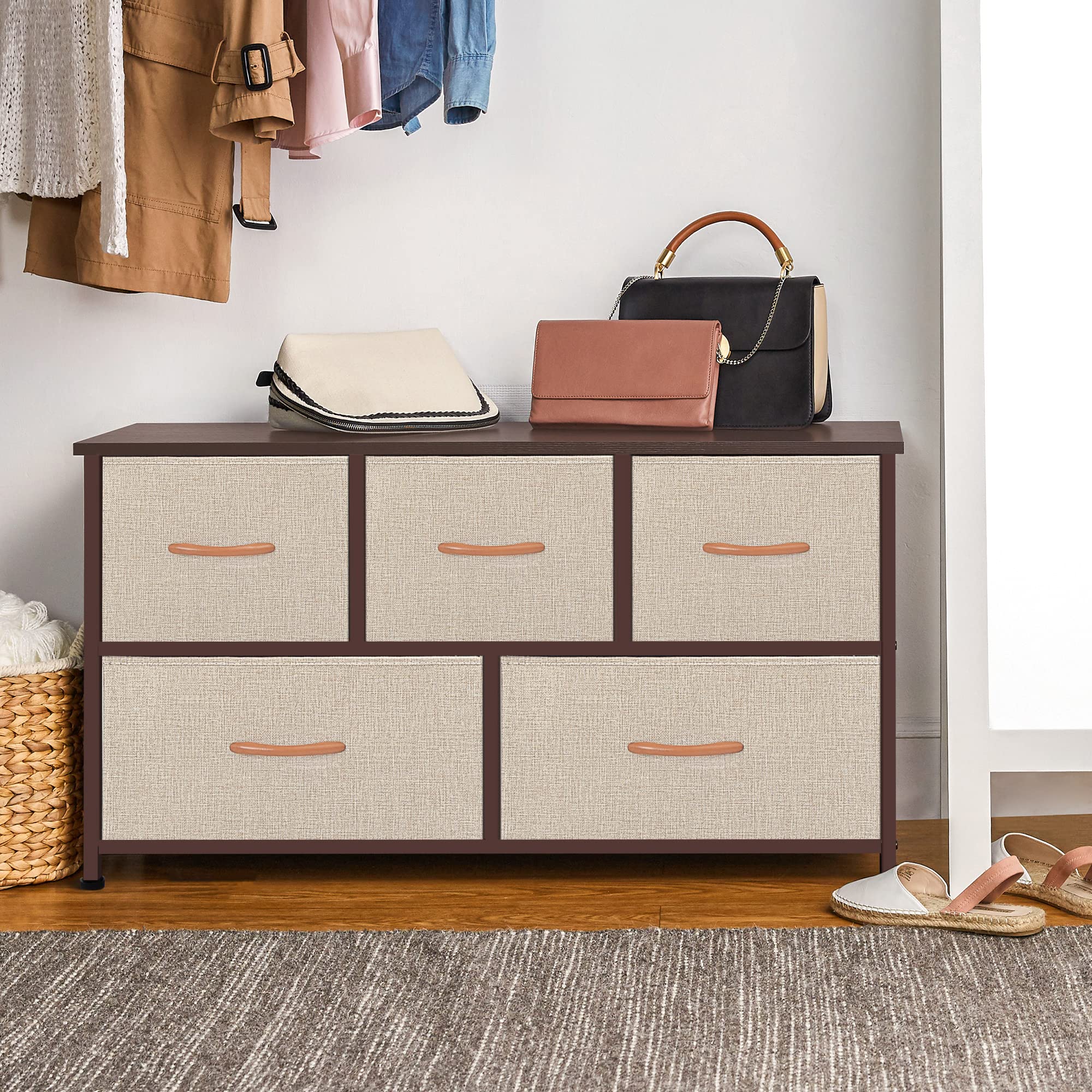 AZL1 Life Concept Extra Wide Dresser Storage Tower with Sturdy Steel Frame, 5 Drawers of Easy-Pull Fabric Bins, Organizer Unit for Bedroom, Hallway, Entryway, Dark Grey
