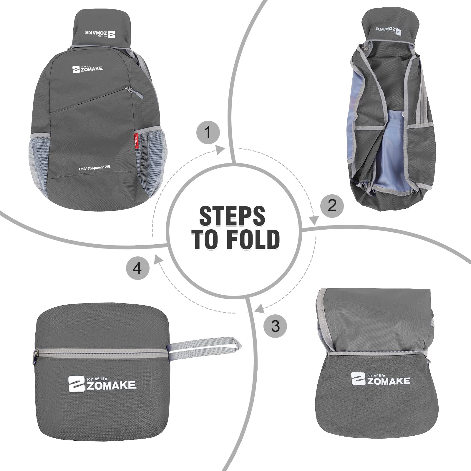 ZOMAKE 20L Packable Backpack:Lightweight Hiking Backpacks - Foldable Water Resistant Back Pack Packable Small Travel Day Pack for Camping Outdoor Hiking (Medium grey)