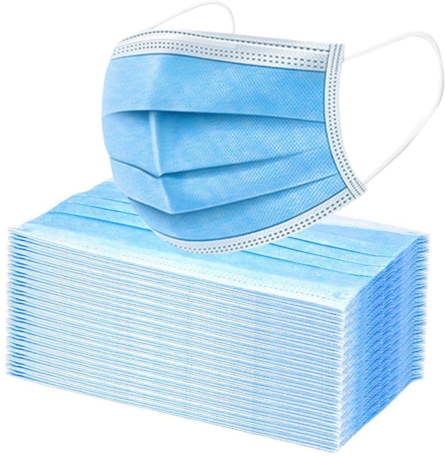 [Pack of 100] Blue Disposable Face Mask, Effective Filtration, Single Use Bulk Pack 3-Ply Masks Facial Cover with Elastic Earloops For Home, Office, School, and Outdoors