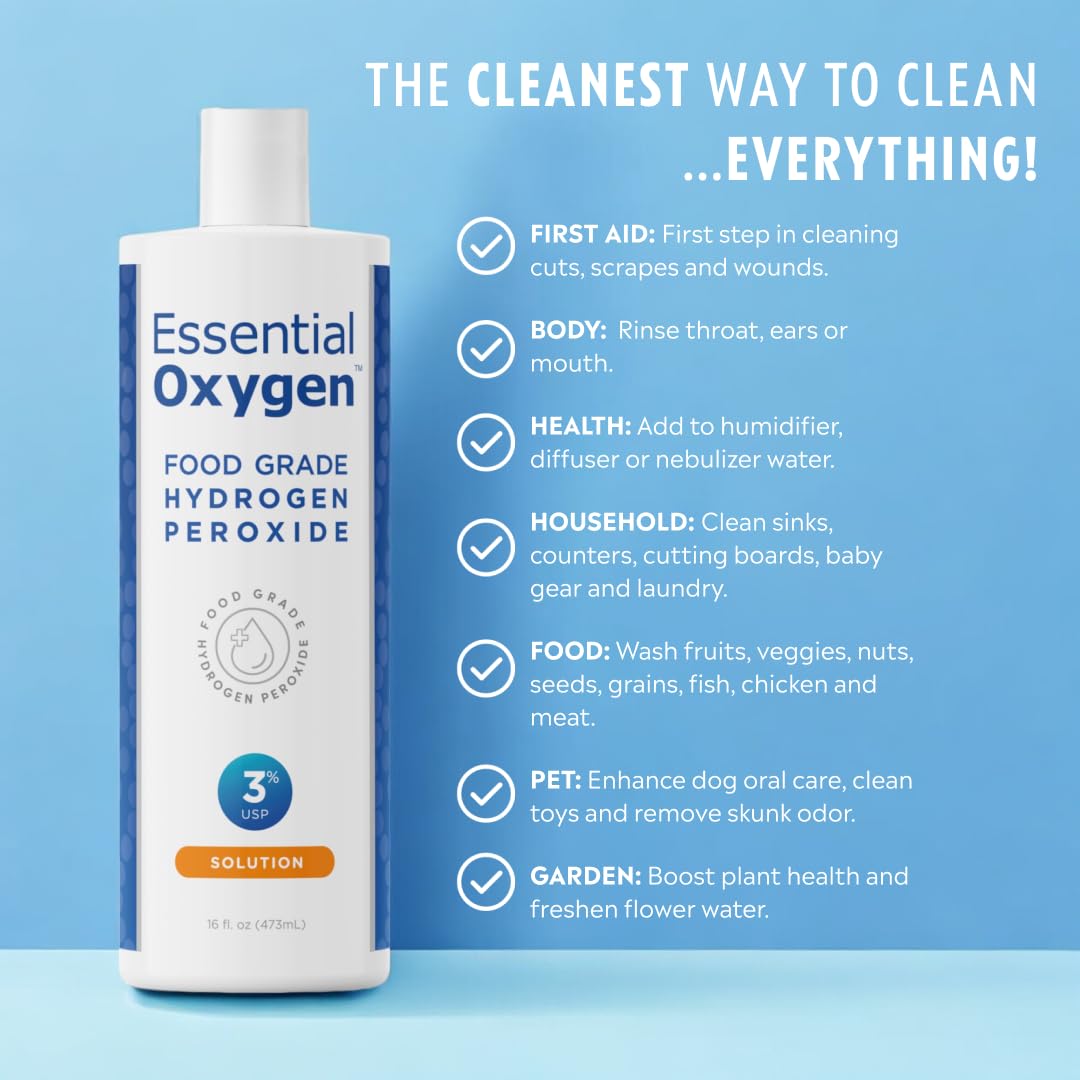 Essential Oxygen Food Grade Hydrogen Peroxide, Natural Cleaner, 3%, 16 Ounce
