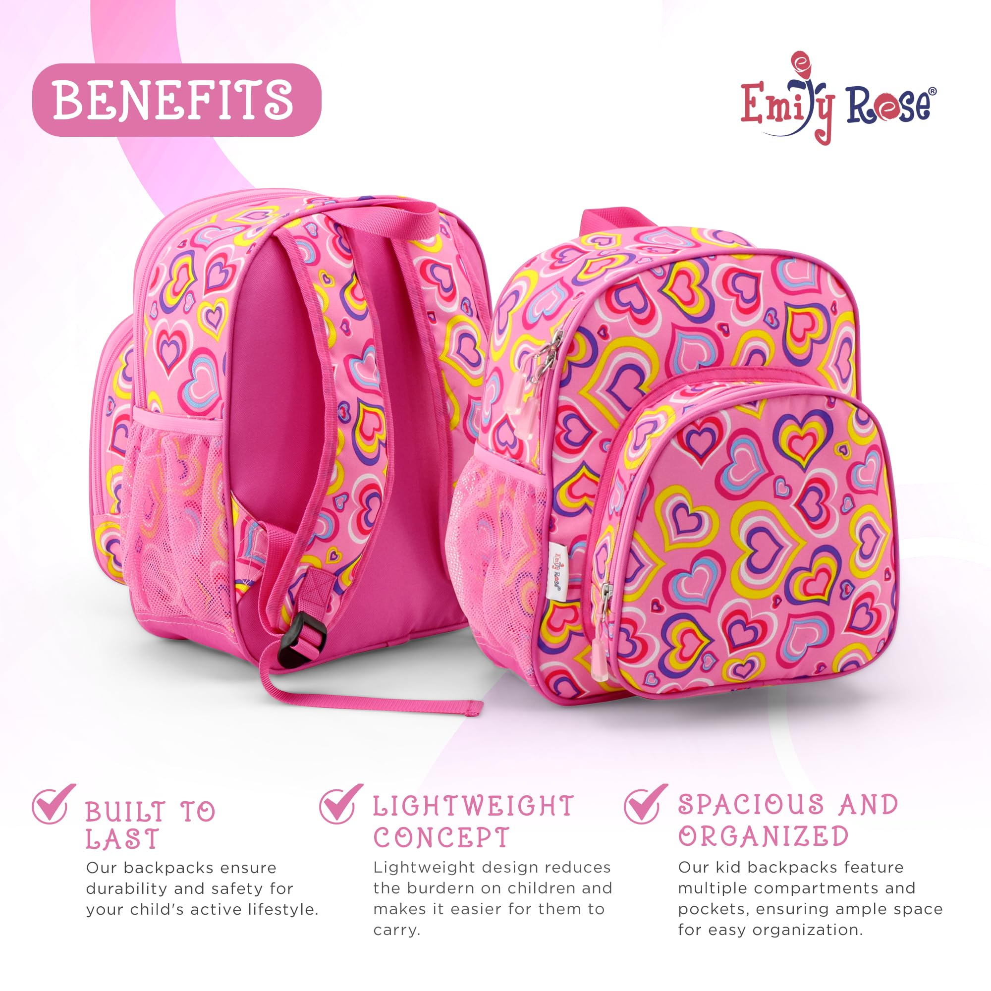 16 Inch Girl Girls School Travel Back Pack Bookbag Gift Set (Mom's Choice Award Winner!) | Features Padded Back and Adjustable Straps | Includes Spiral Notebook and 2 Pencils! (Playful Hearts)