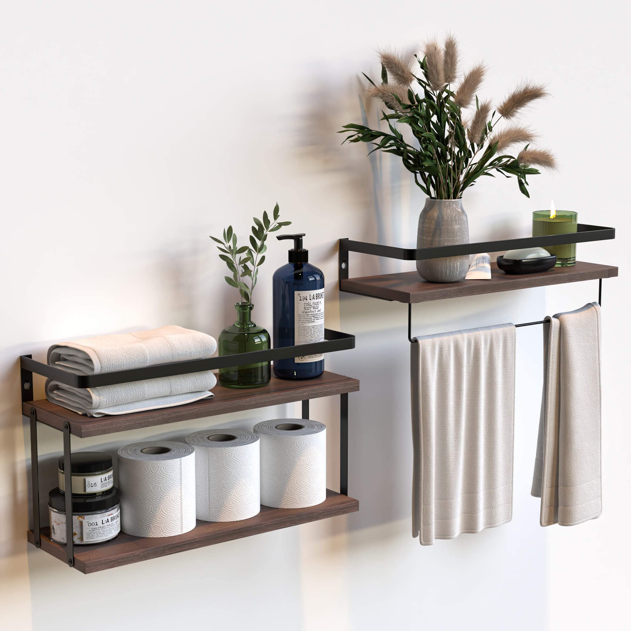 RICHER HOUSE 2+1 Tier Wall Mounted Floating Shelves Set of 2, Rustic Wood Wall Shelf with Metal Frame, Extra Storage Rack for Bathroom, Kitchen, Bedroom with Tissue Rack & Towel Bar - Rustic Brown
