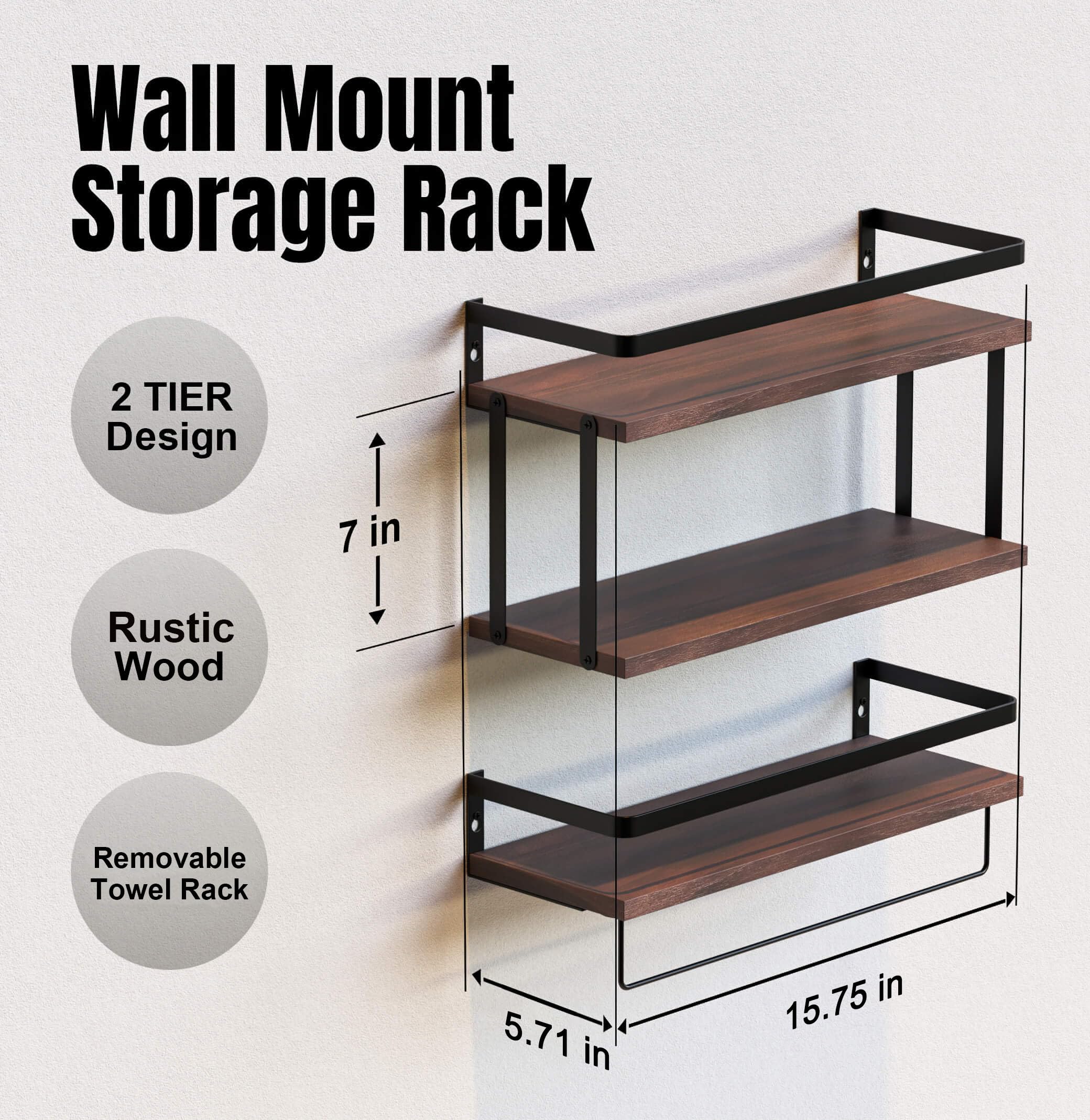 RICHER HOUSE 2+1 Tier Wall Mounted Floating Shelves Set of 2, Rustic Wood Wall Shelf with Metal Frame, Extra Storage Rack for Bathroom, Kitchen, Bedroom with Tissue Rack & Towel Bar - Rustic Brown
