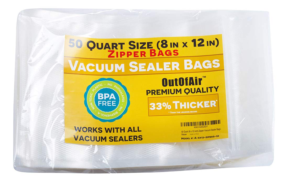 50 Zipper Vacuum Sealer Bags: Quart Size (8" x 12") - OutOfAir Vacuum Seal Zip Bags, Works with FoodSaver & Other Savers, 33% Thicker BPA Free Commercial Grade Great for Snacks On The Go