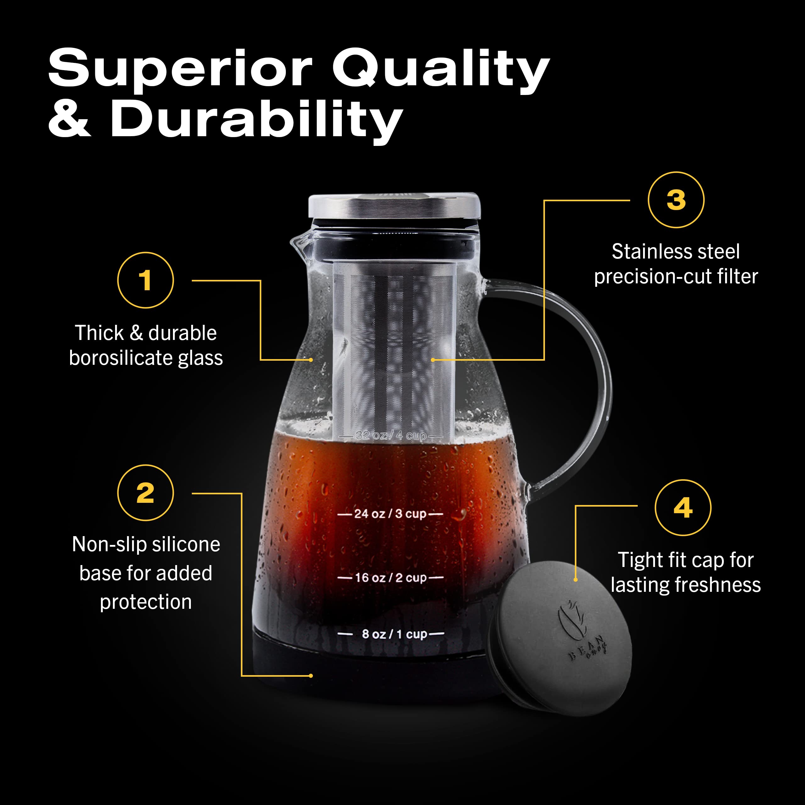 Bean Envy Cold Brew Coffee Maker - 32 oz Glass Iced Tea & Coffee Cold Brew Maker and Pitcher w/ Silicone Cap & Base