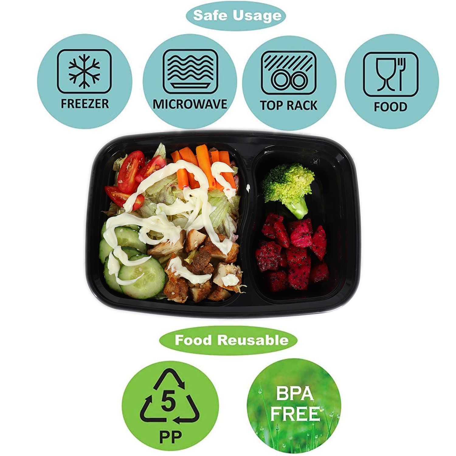 DODHEG 10 Pcs 2 Compartment Food Container, To Go Containers, Meal Prep Container, Meal Prep Containers with Lids, Reusable Bento Box , 34 OZ .