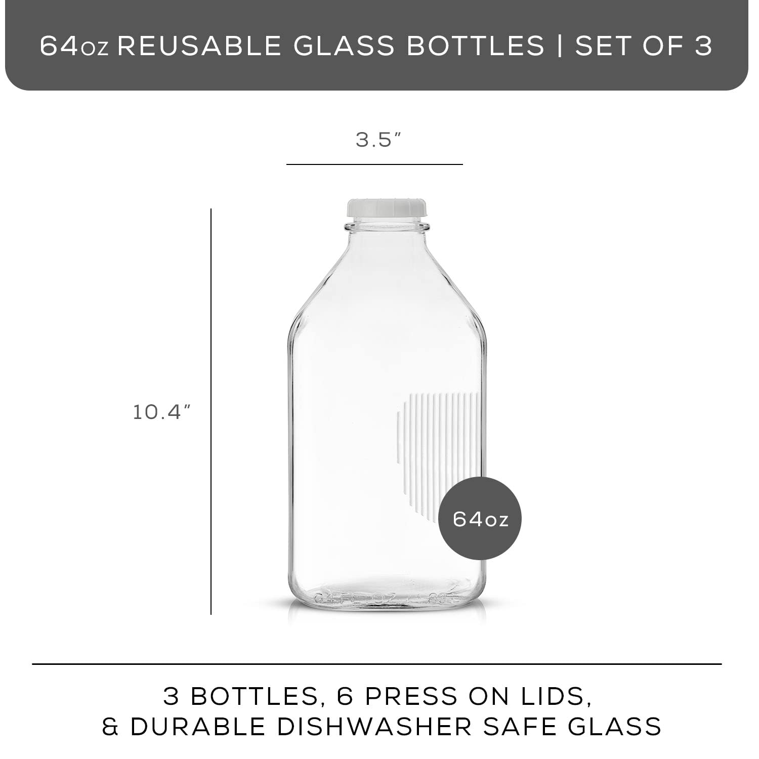 Glass Milk Bottle with Lid AND Pourer Multi-Pack. 64 Oz Reusable Glass Bottles with 6 Lids! Glass Milk Jug Pitcher, Buttermilk, Water or Juice Bottles with Caps, Syrup, Honey or Sauce Container