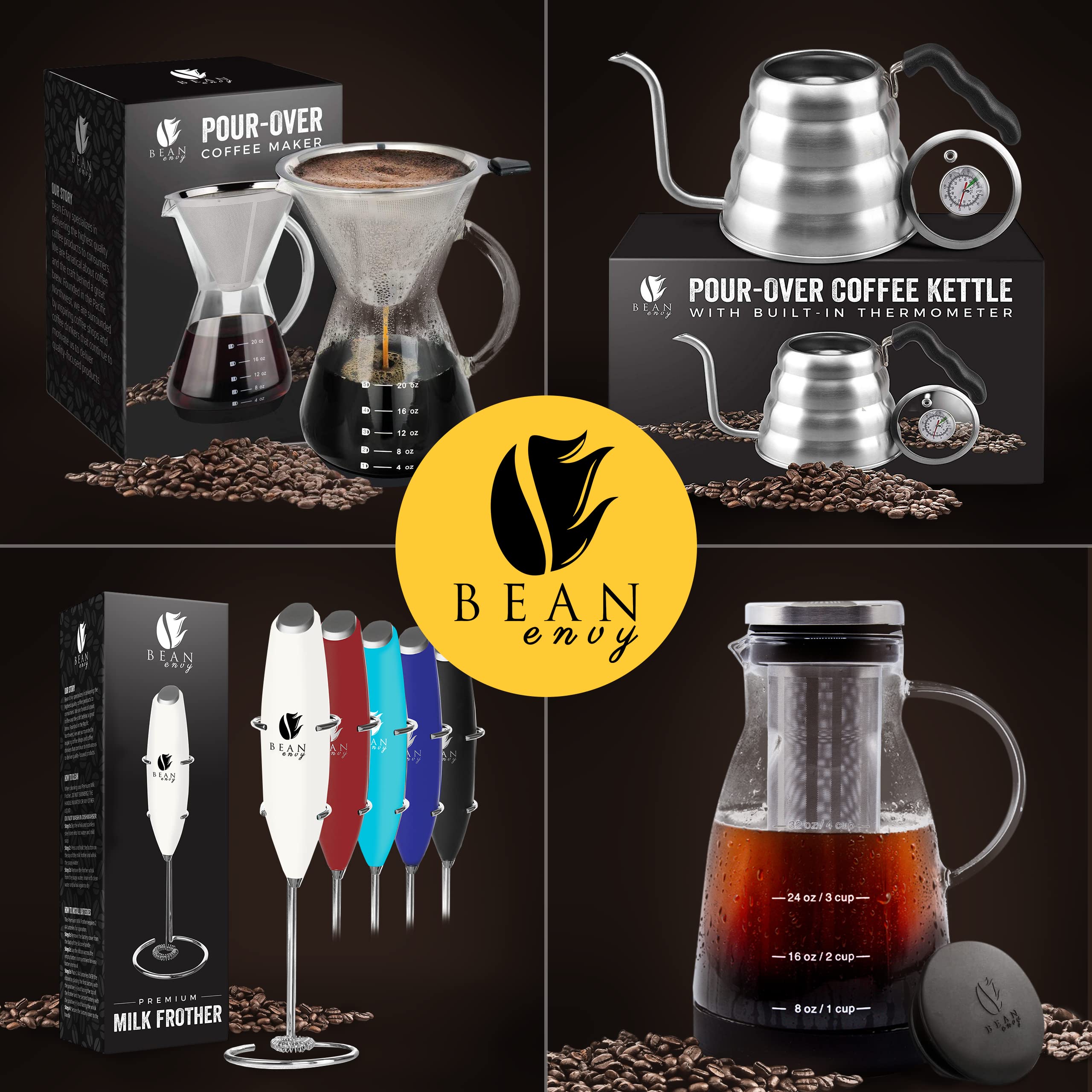 Bean Envy Cold Brew Coffee Maker - 32 oz Glass Iced Tea & Coffee Cold Brew Maker and Pitcher w/ Silicone Cap & Base