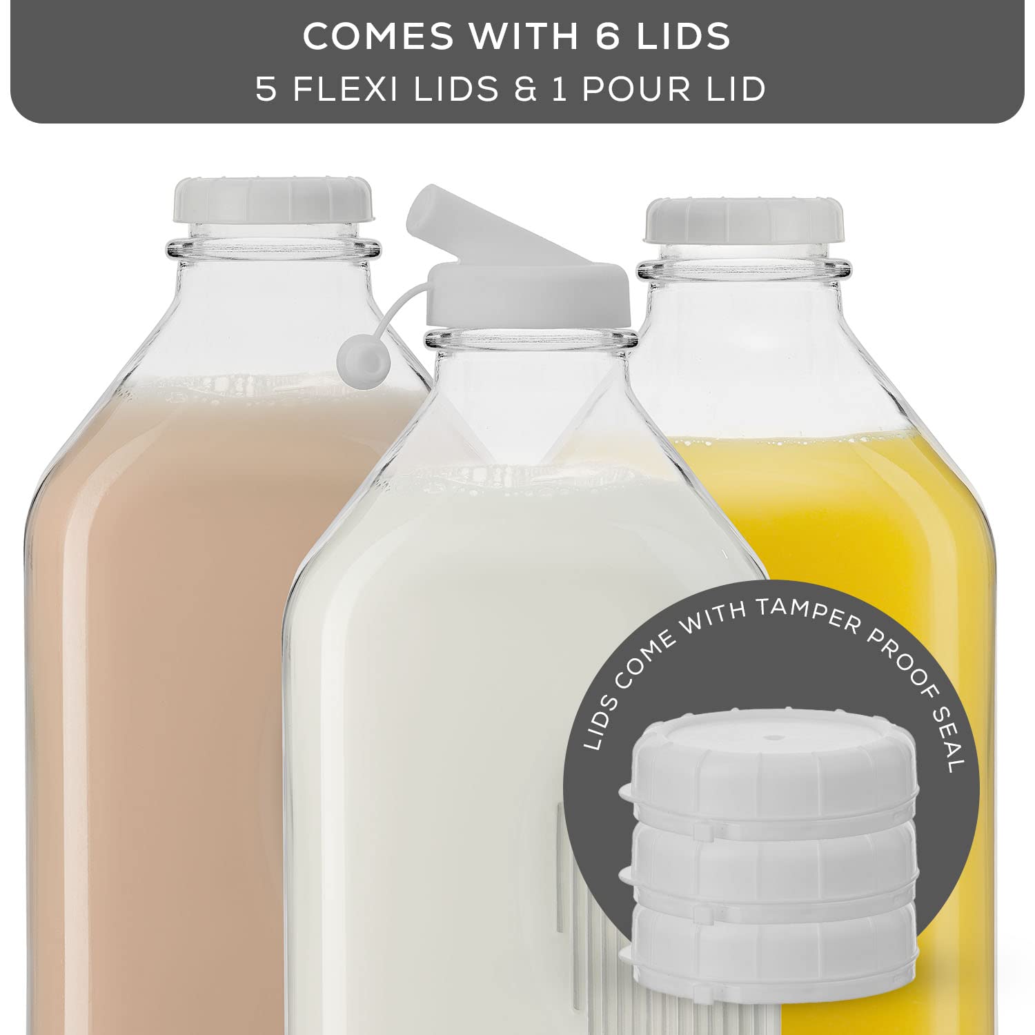 Glass Milk Bottle with Lid AND Pourer Multi-Pack. 64 Oz Reusable Glass Bottles with 6 Lids! Glass Milk Jug Pitcher, Buttermilk, Water or Juice Bottles with Caps, Syrup, Honey or Sauce Container
